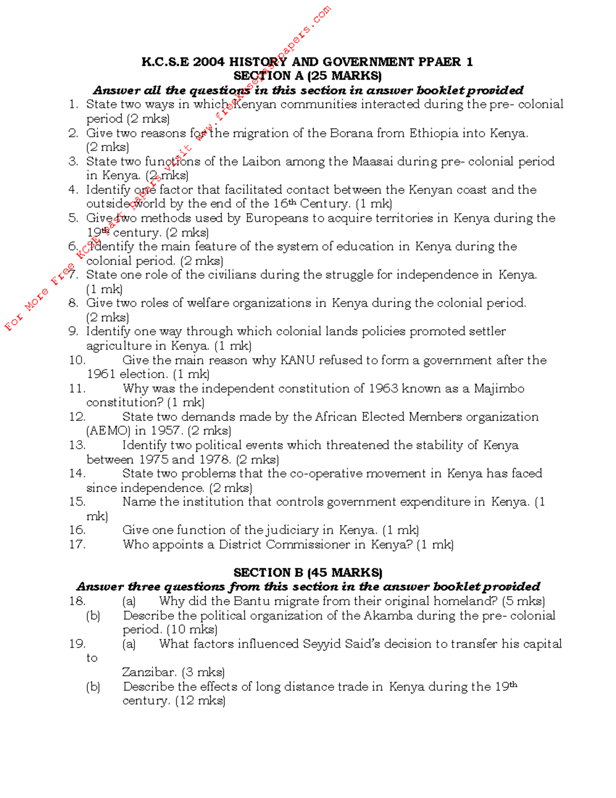 KCSE-2004- History-Paper 1 - K.C.S 2004 HISTORY AND GOVERNMENT PPAER 1 ...
