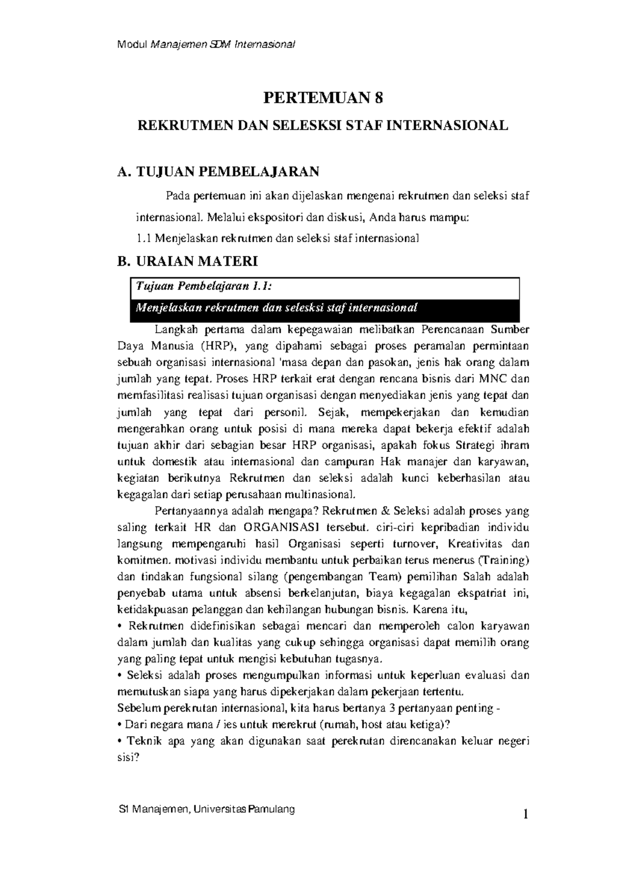 Rekrutmen dan Seleksi Staf Internasional - PERTEMUAN 8 - Studocu