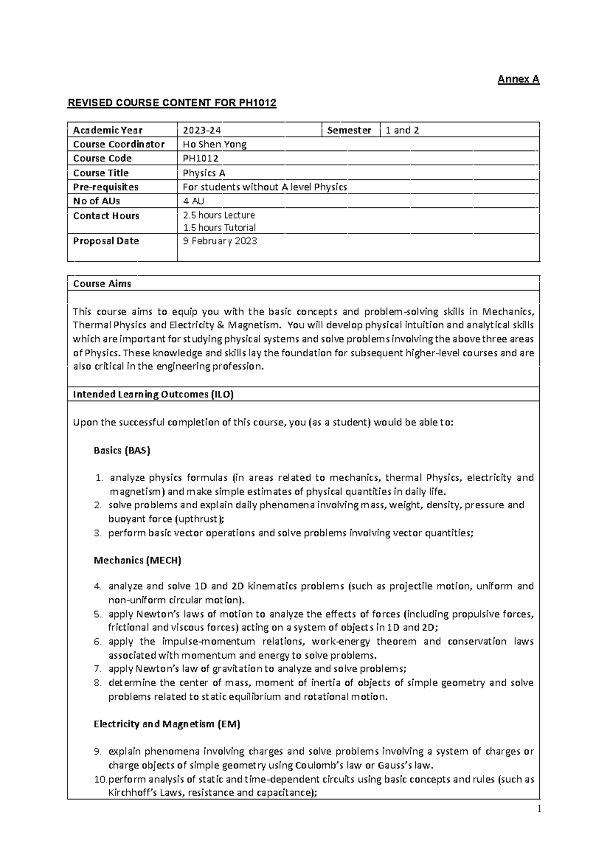 PH1012 Course Outline: Mechanics, Thermal Physics & EM Concepts - Studocu