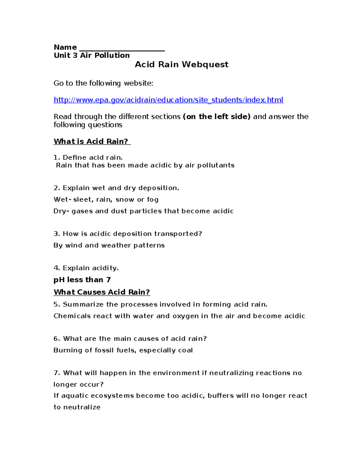 Acid Rain Webquest Answers for Unit 3: Air Pollution Study Guide - Studocu