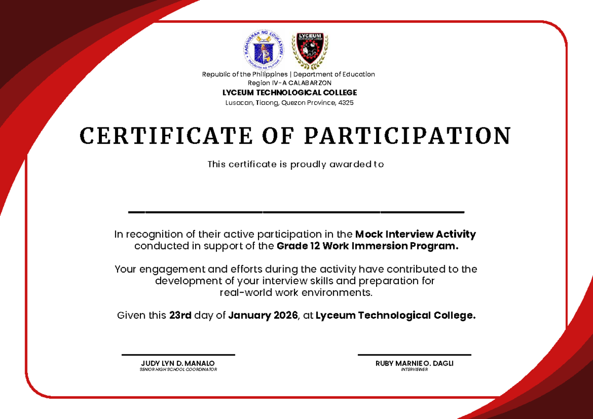 Modern Appreciation Certificate for Mock Interview Activity - Studocu