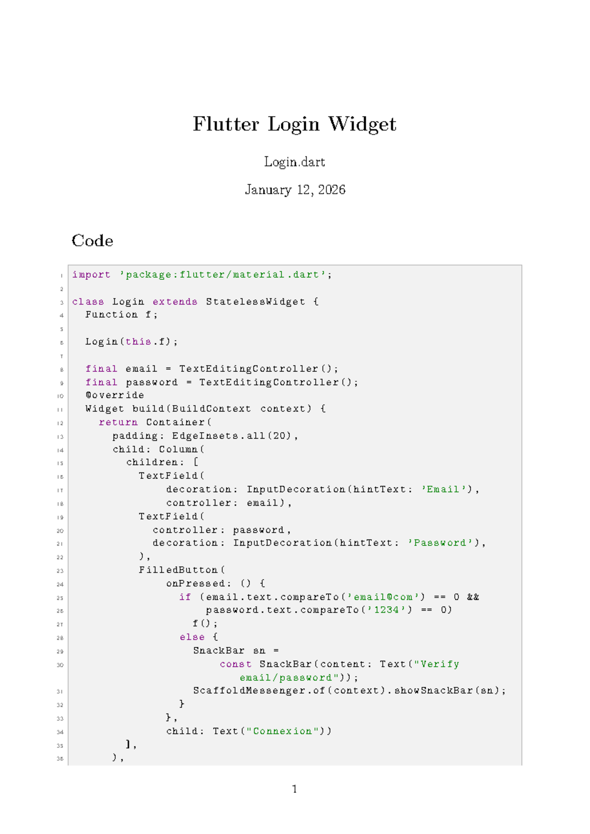 Flutter Login Widget Implementation - Code 1 (Examen TP 1) - Studocu