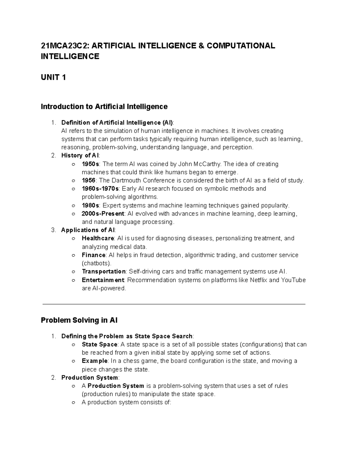 21MCA23C2 Final Exam Notes: Artificial Intelligence & Computational ...