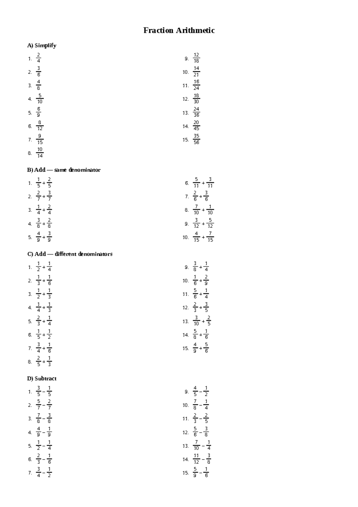 Year 8 Math: Fraction Arithmetic Worksheet 1 - Studocu