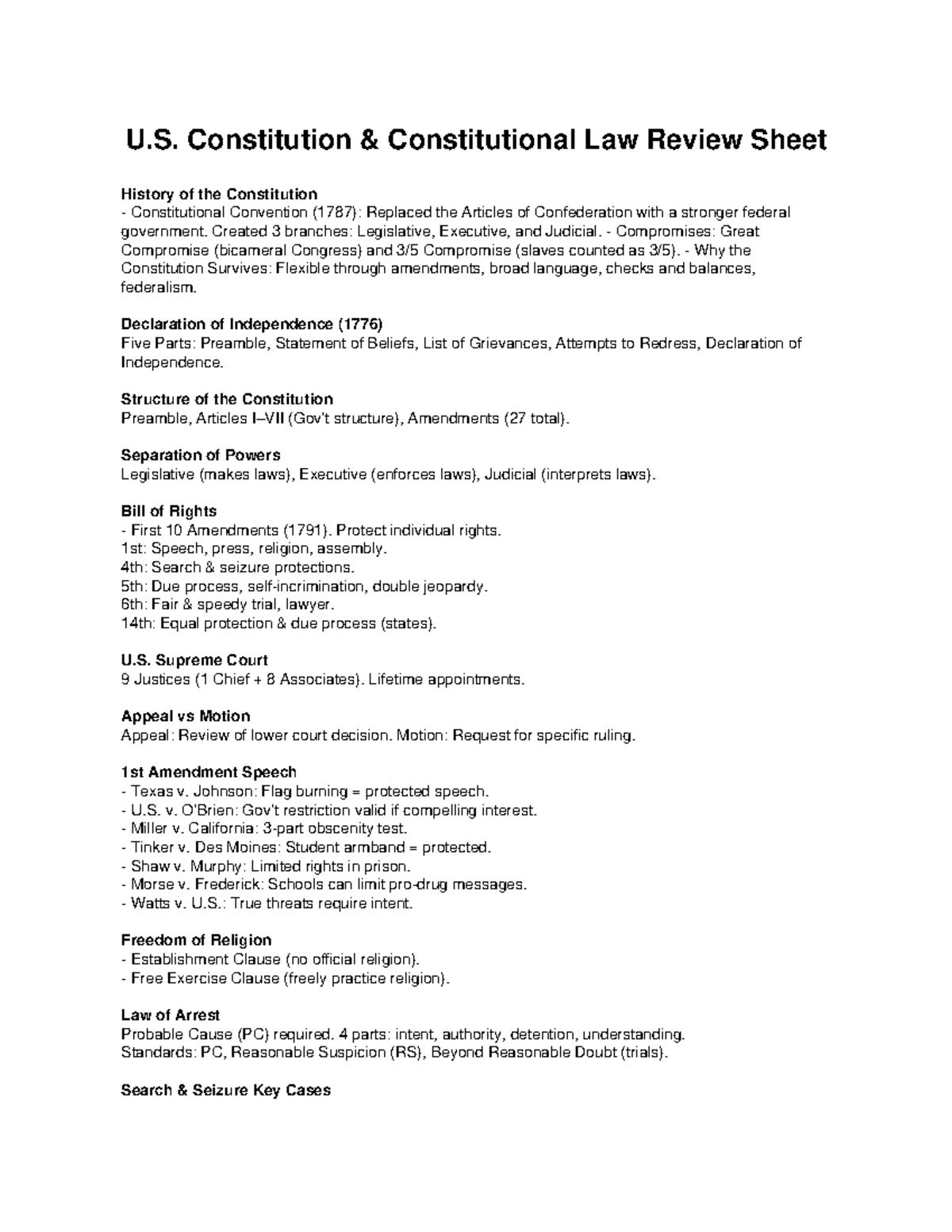 Constitutional Law Review Sheet (CIV 101): Key Concepts & Cases - Studocu