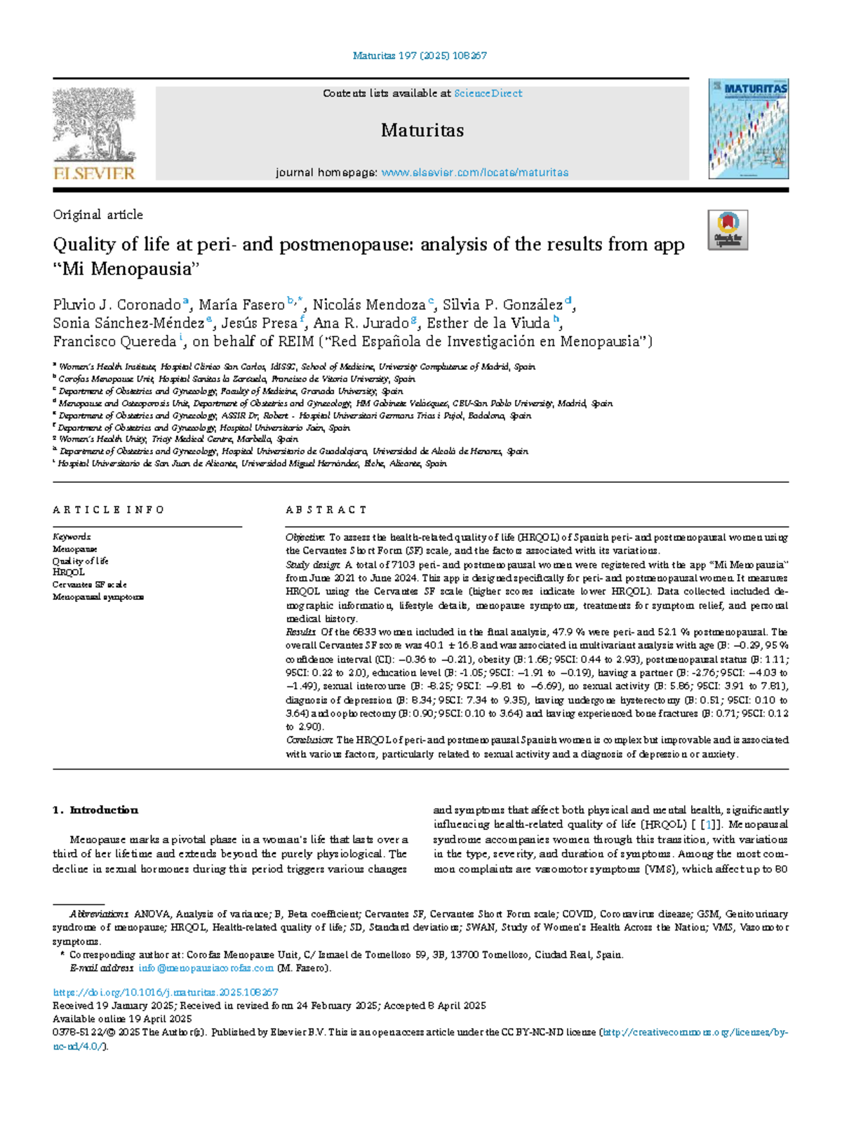 Quality of Life in Menopausal Women: Insights from the Cervantes SF ...
