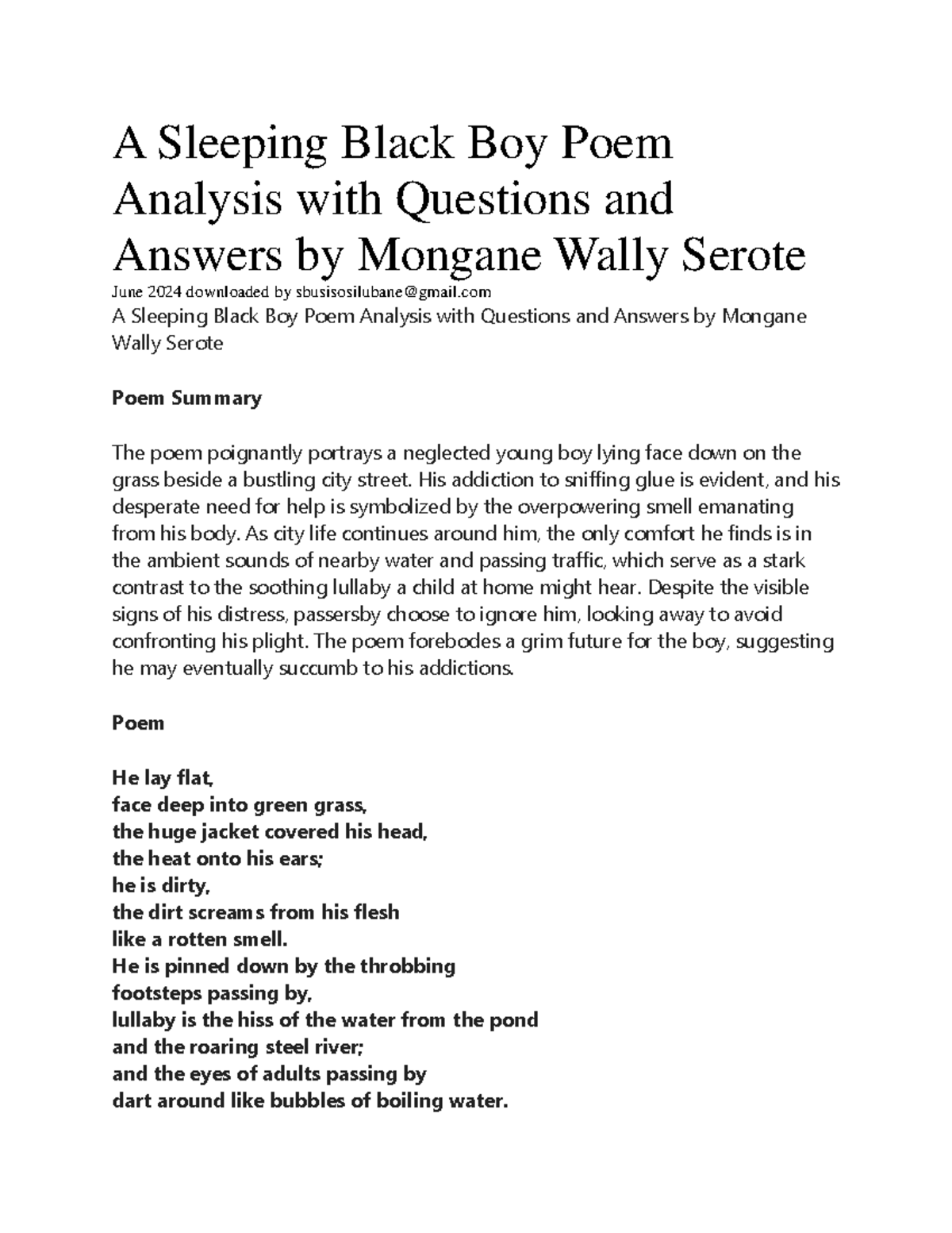 A Sleeping Black Boy Poem Analysis, Q&A, and Thematic Insights - Studocu