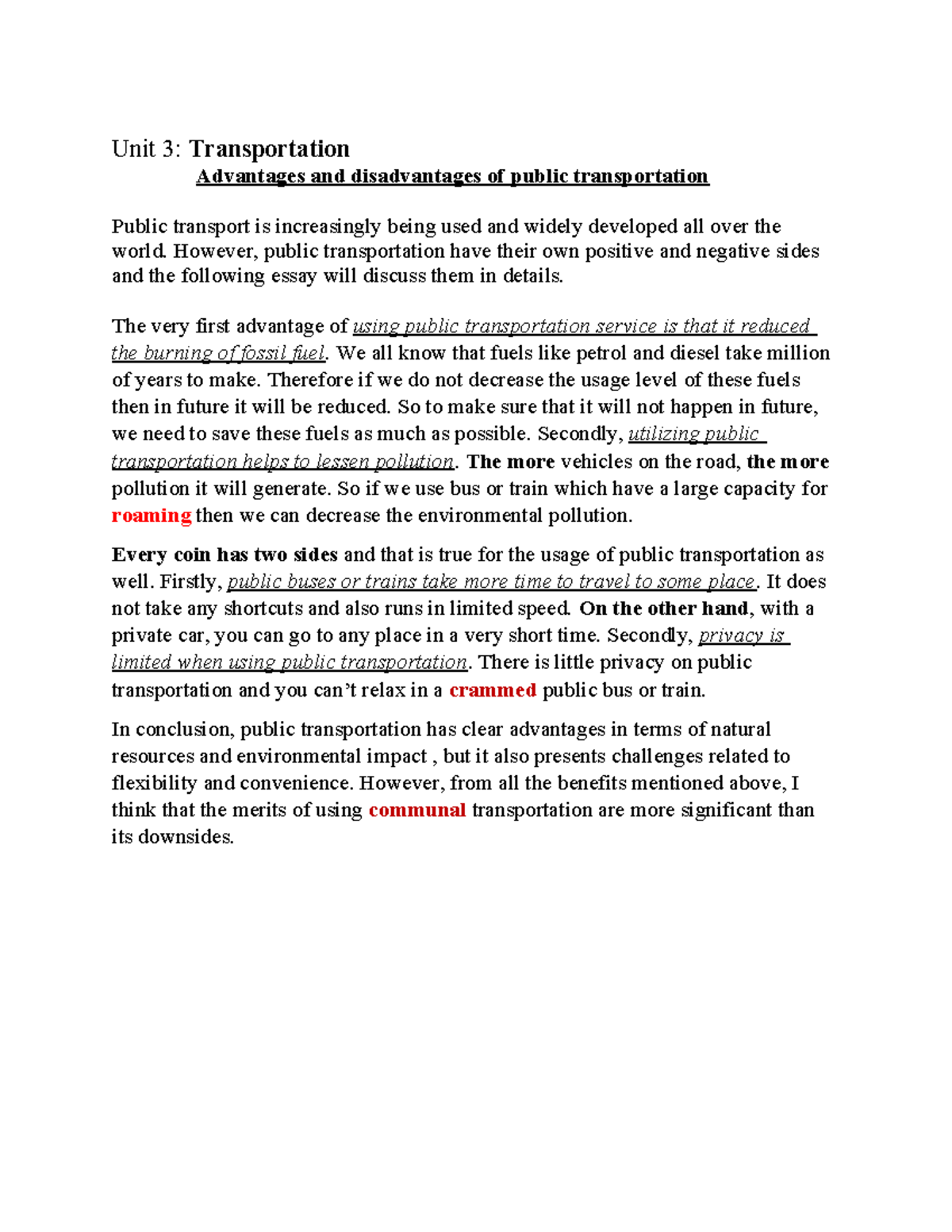 Unit 3: Advantages & Disadvantages of Public Transportation - Studocu