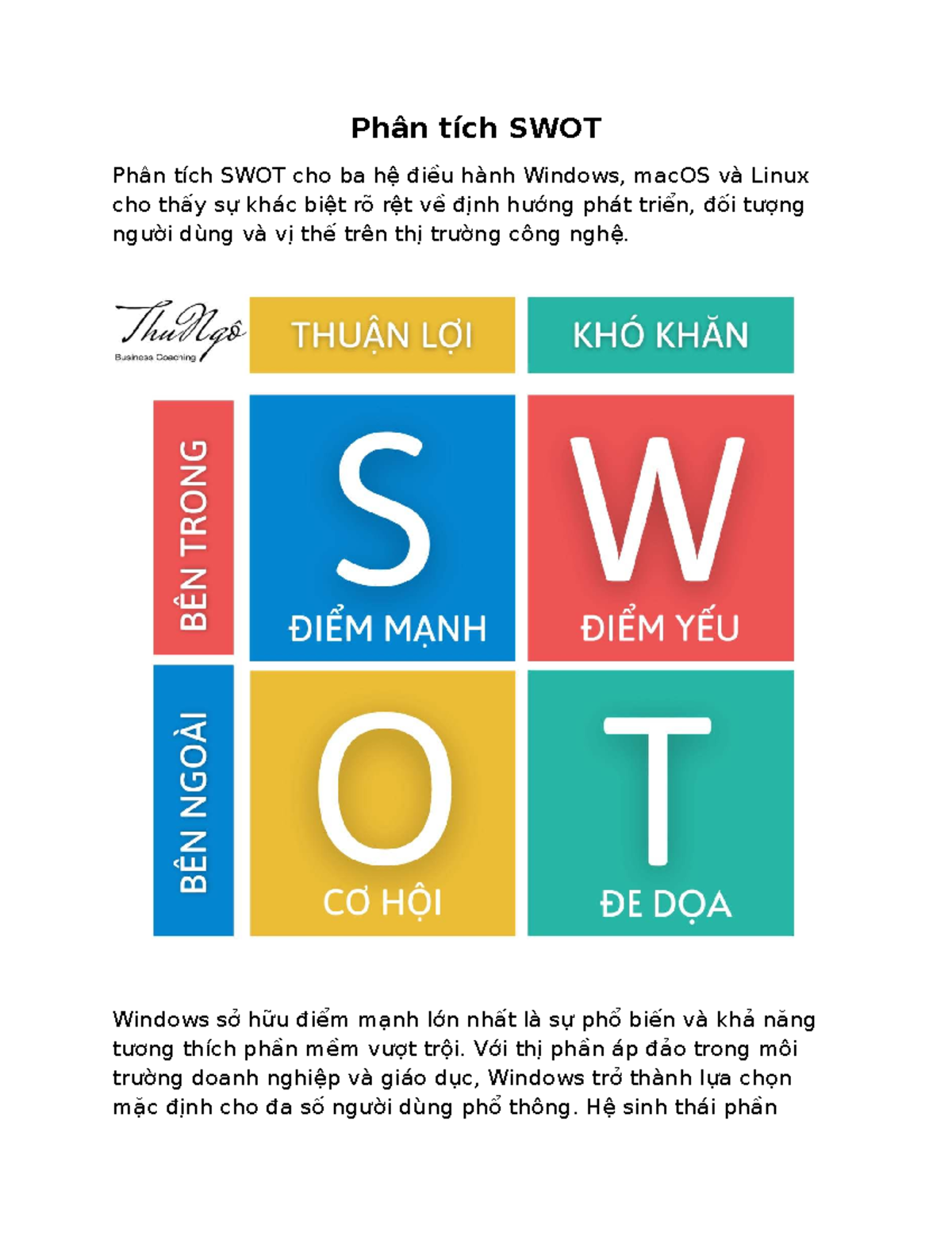 Phân Tích SWOT: Windows, macOS & Linux - Định Hướng Phát Triển - Studocu