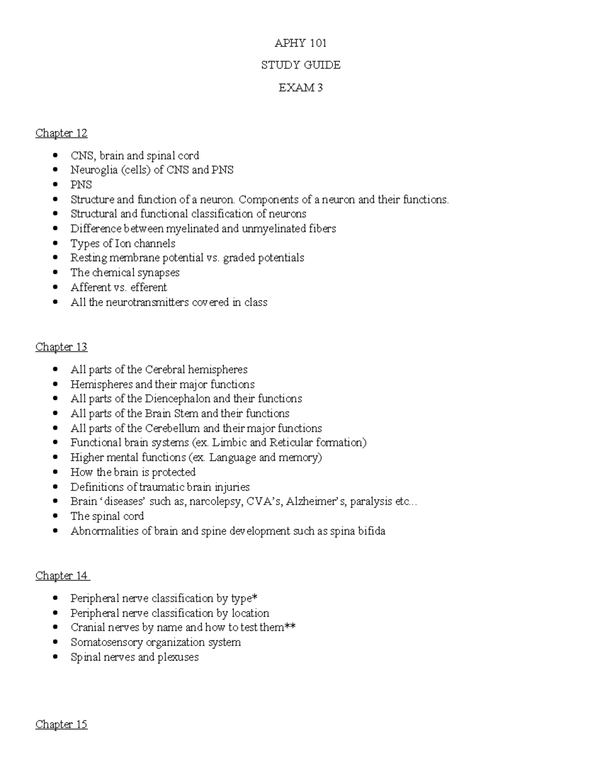 APHY 101 Study Guide for Exam 3: CNS, Brain, and Neuron Functions - Studocu