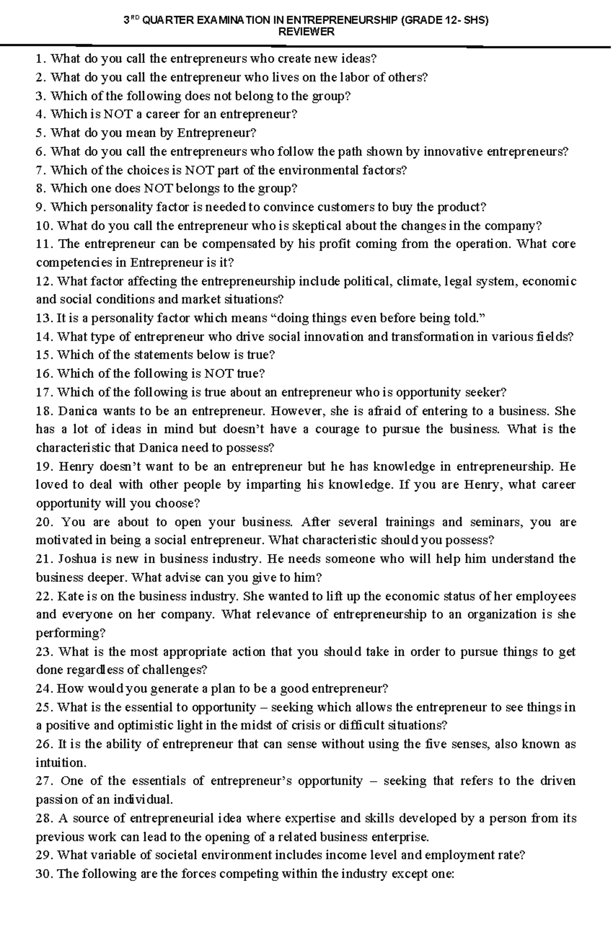 Entrep G12 3rd Quarter Exam Reviewer: Key Concepts & Q&A - Studocu