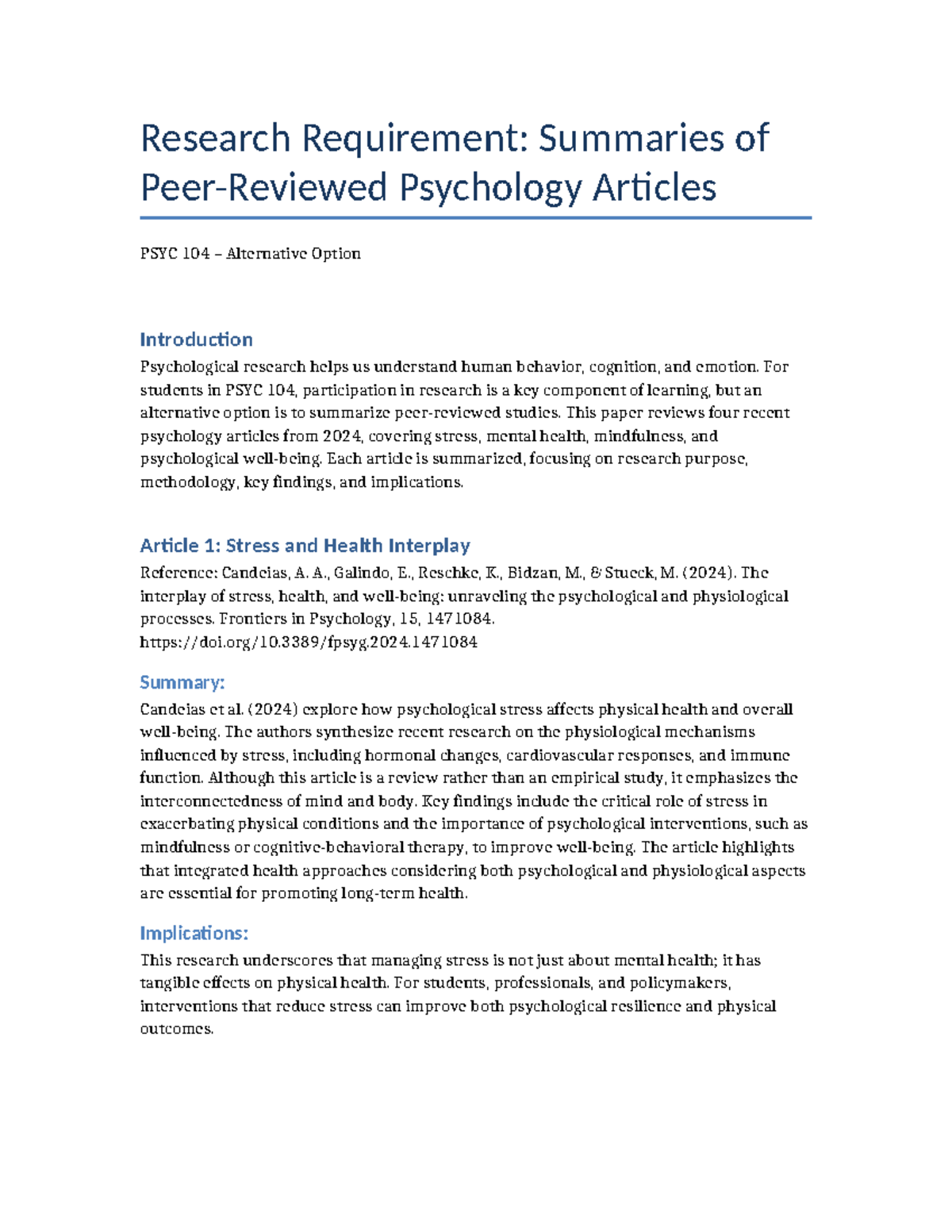 PSYC 104 Alternative Option: Summaries of Recent Psychology Research ...