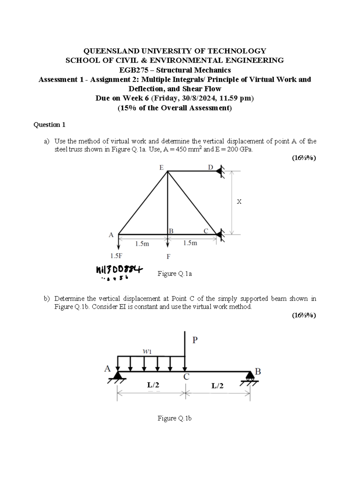 EGB275 Structural Mechanics Assessment 1: Virtual Work & Deflection ...