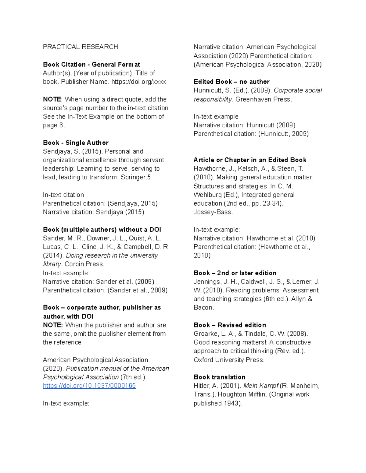 PRACTICAL RESEARCH: Book Citation Formats and Examples - Studocu