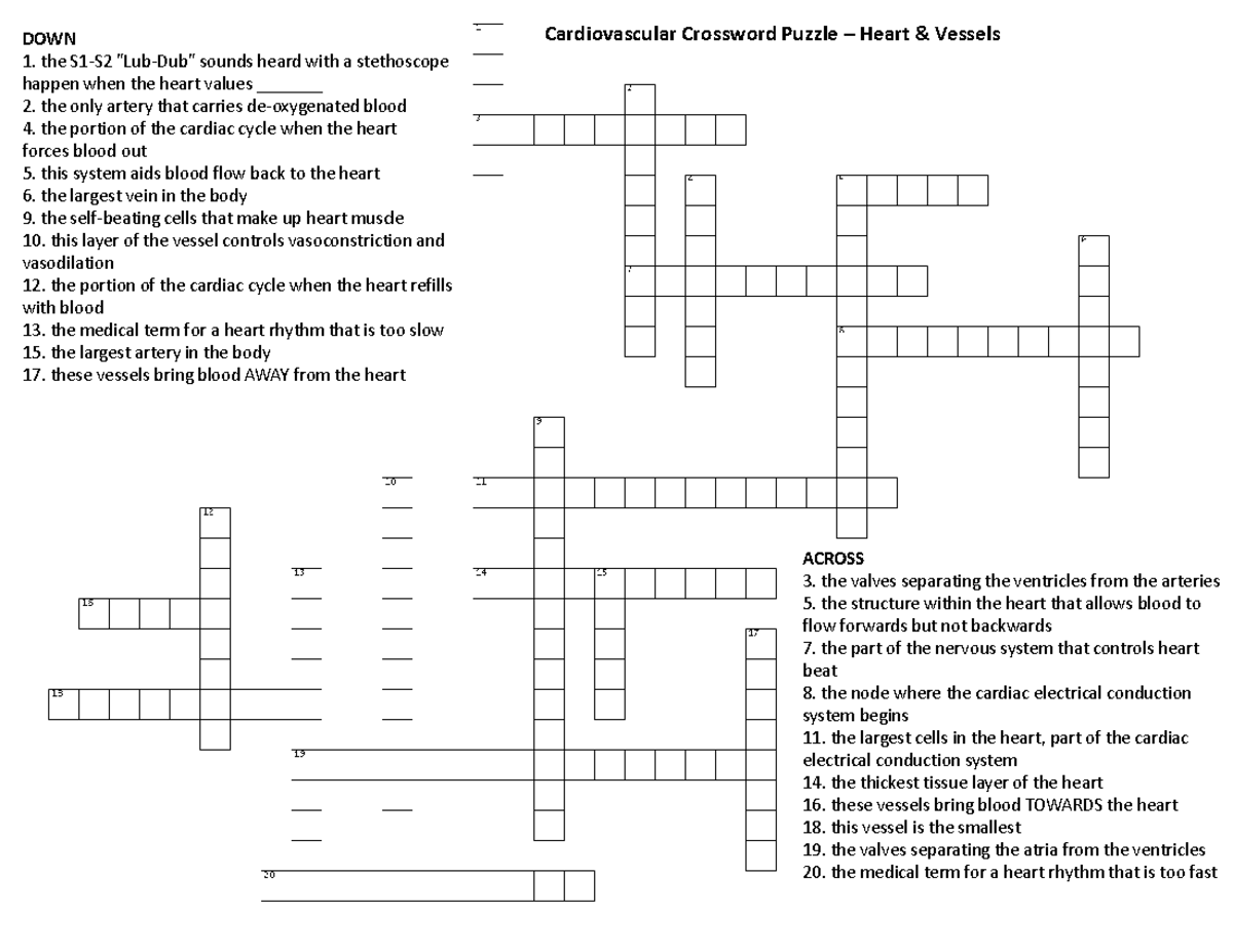 Heart & Vessels Crossword Puzzle: Cardiovascular Terms - Studocu