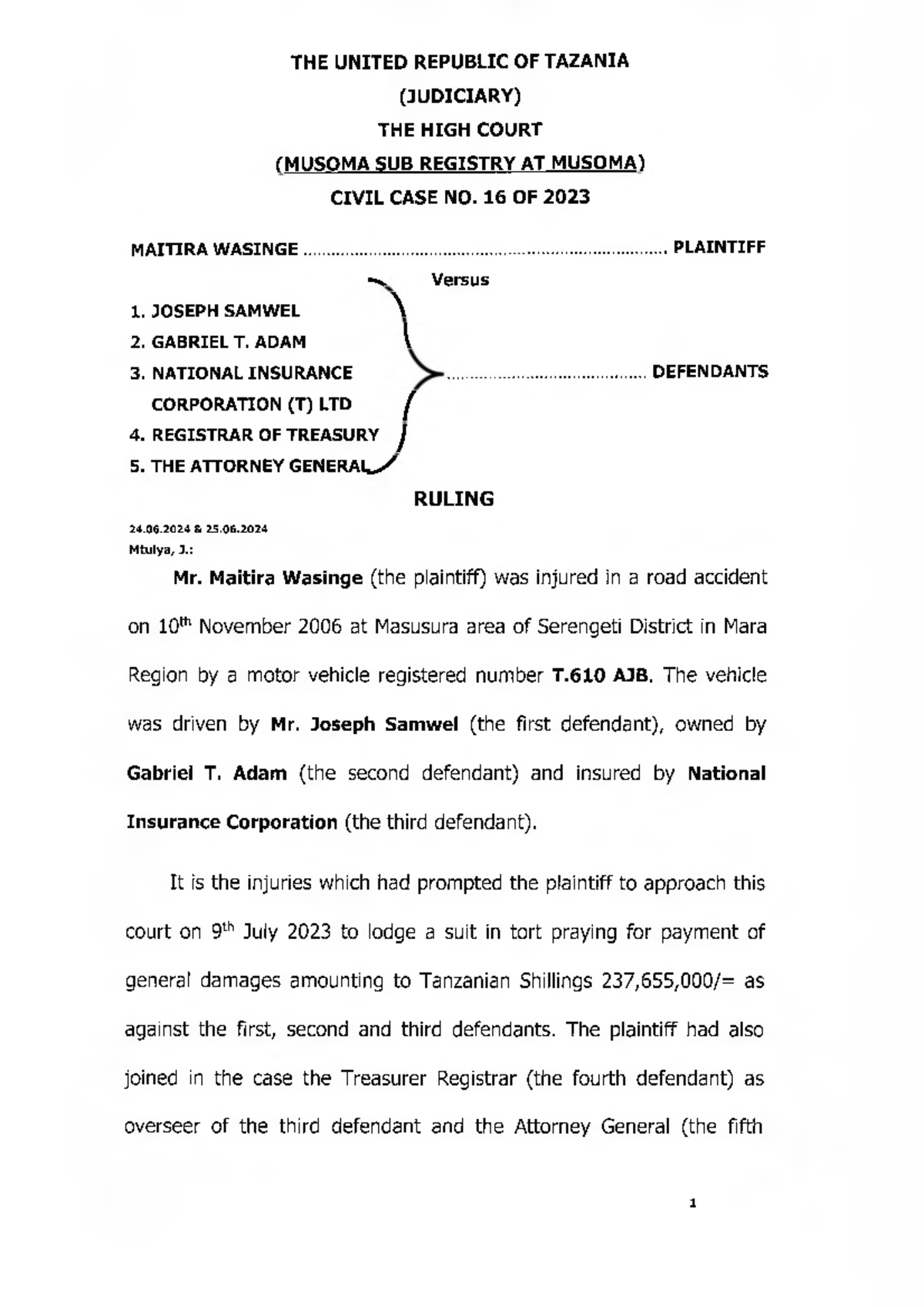 Maitira Wasinge vs. Joseph Samwel & Others: Civil Case No. 16/2023 Ruling - Studocu