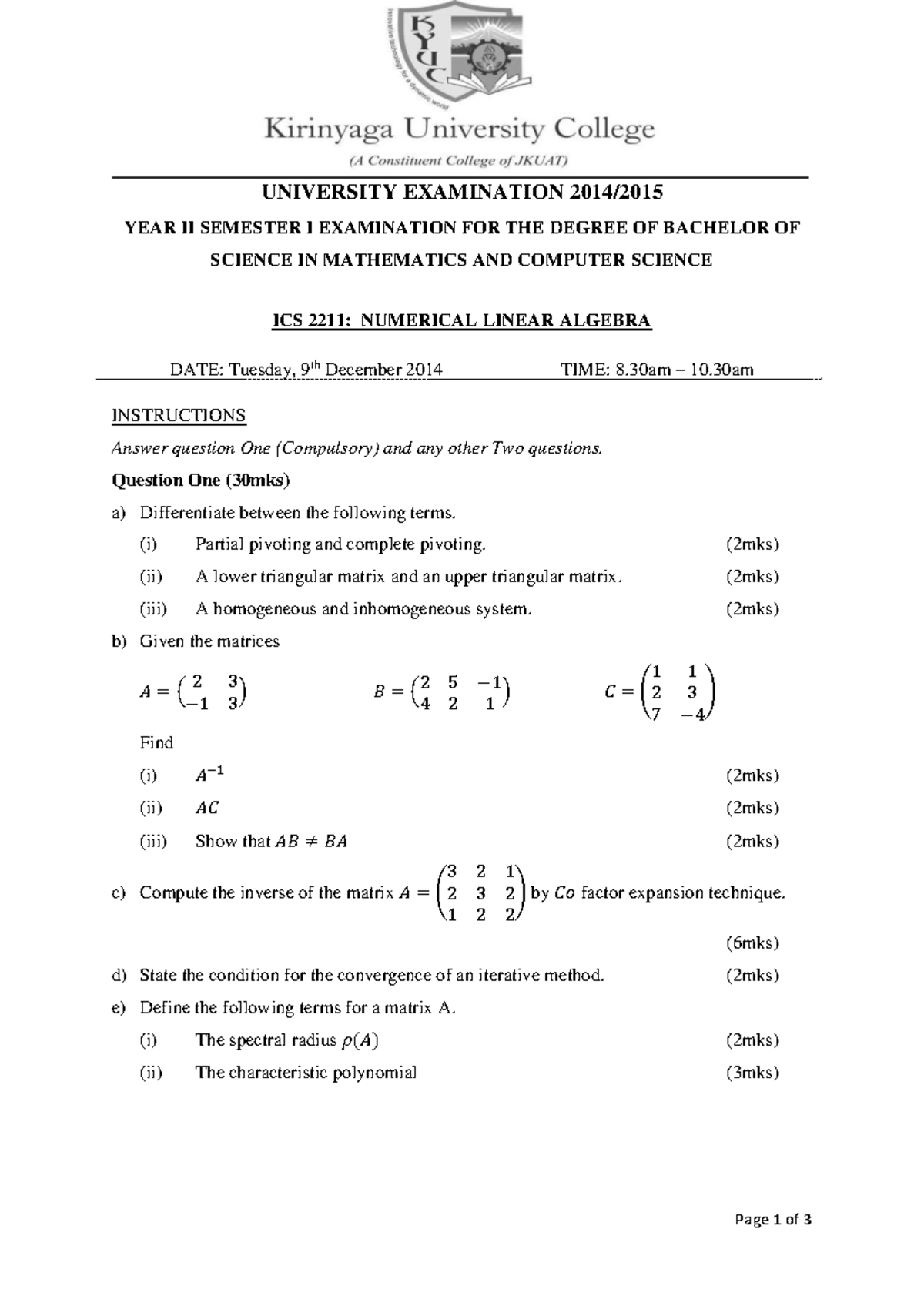 ICS 2211 Final Exam: Numerical Linear Algebra Year II Sem I 2014 - Studocu
