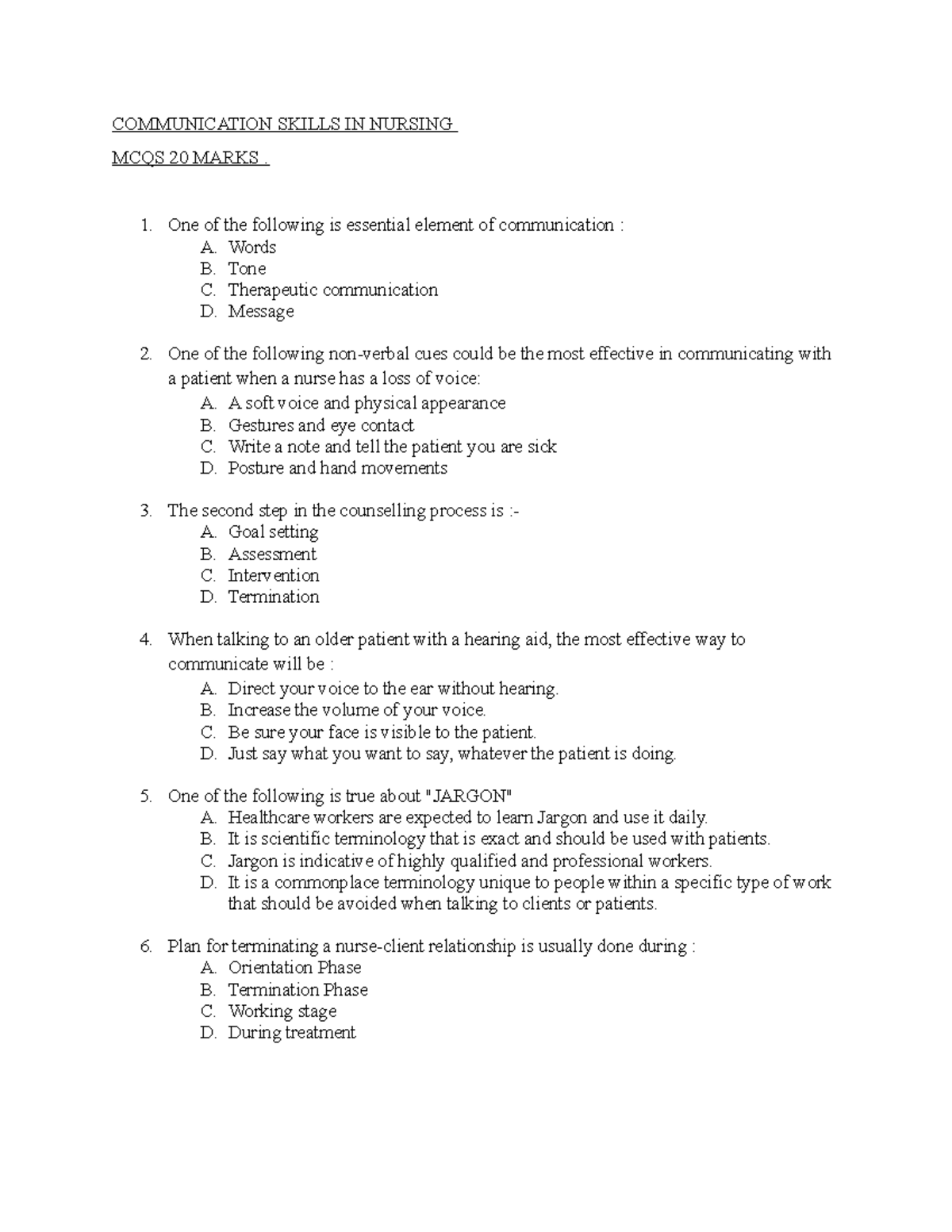 COMMUNICATION SKILLS IN NURSING MCQs & Long Answer Questions - Studocu