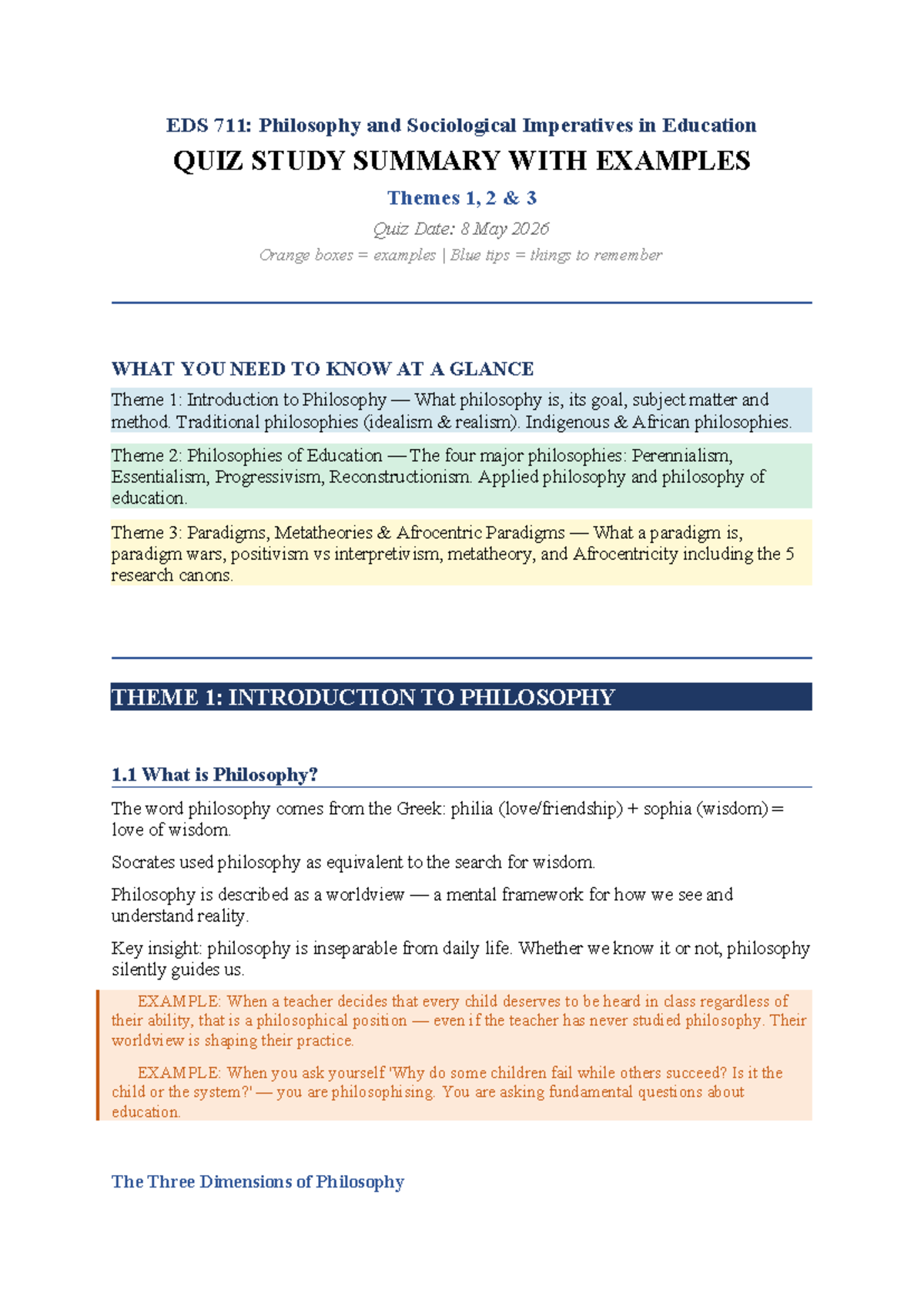 EDS 711: Quiz Study Summary on Philosophy & Education Themes 1-3 - Studocu