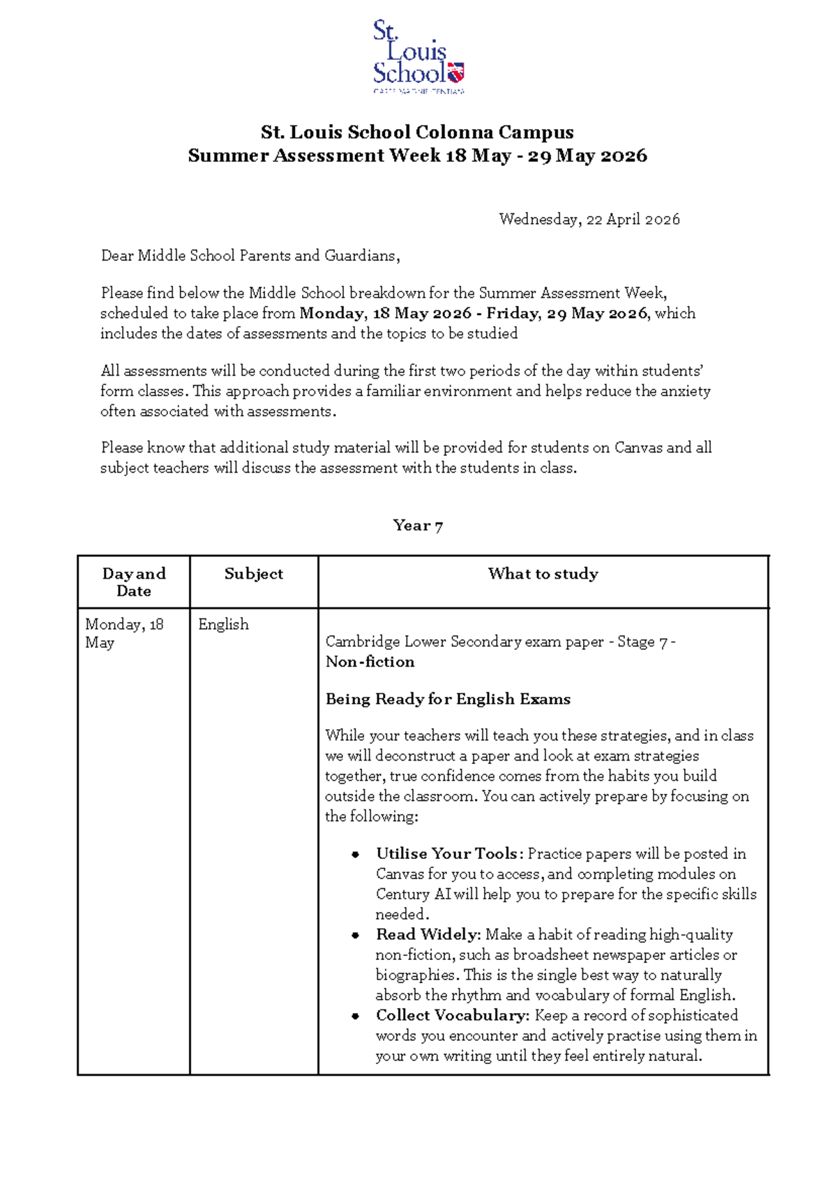 St. Louis School Colonna Campus Summer Assessment Week Guide (18-29 May ...