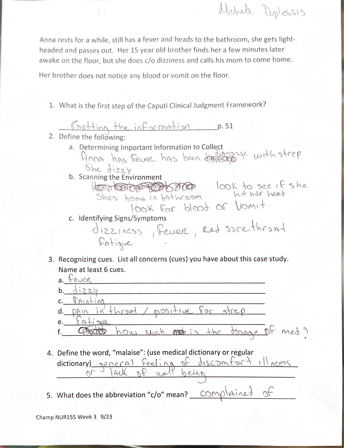 N155 - Caputi Clinical Judgment Framework: Student Guide - Studocu