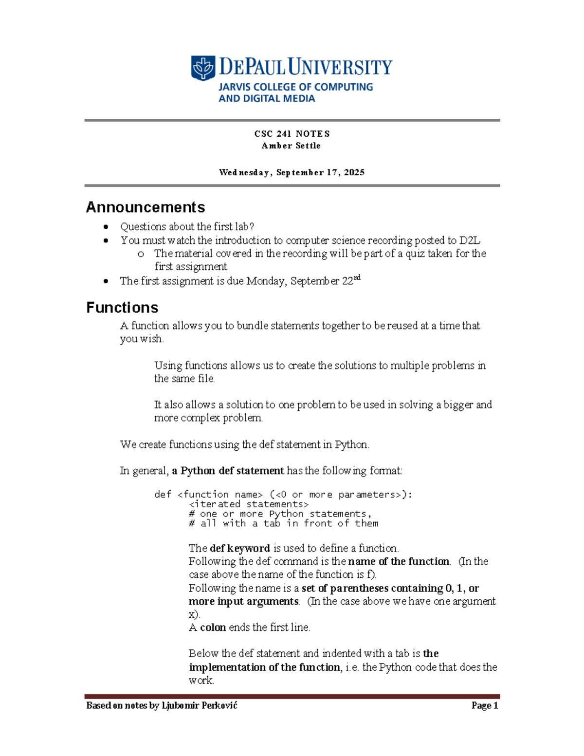 CSC 241 Lecture Notes: Functions & Lists Overview - Studocu