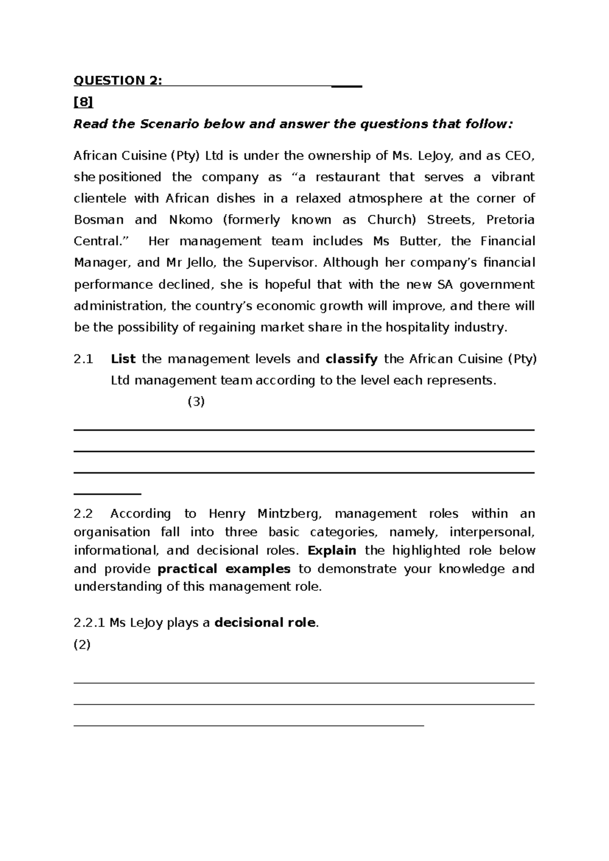 Economics 1B Past Paper: Management Roles & Organisational Structure ...