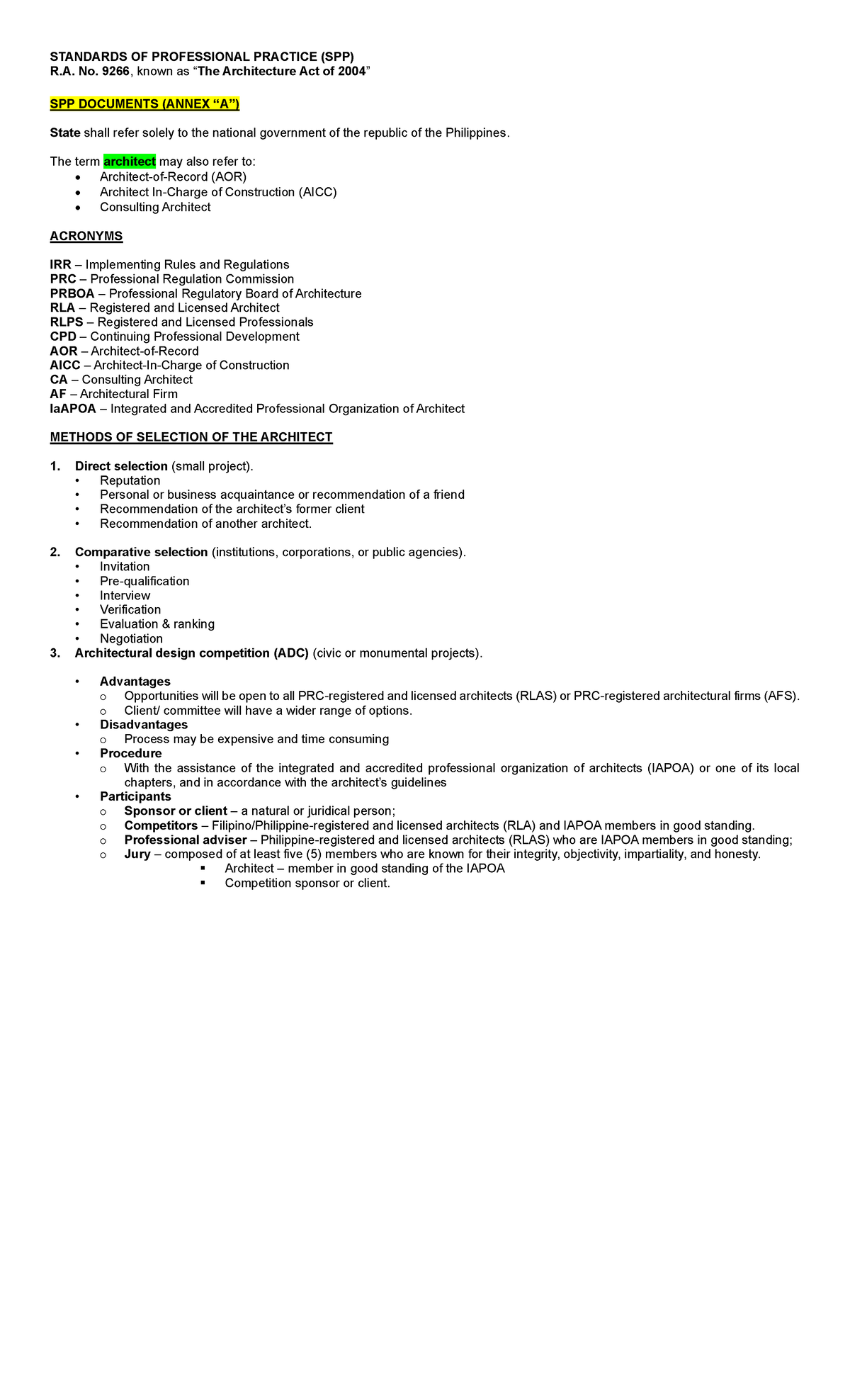 ACC SPP-reviewer - Notes - R. No. 9266, known as “The Architecture Act ...