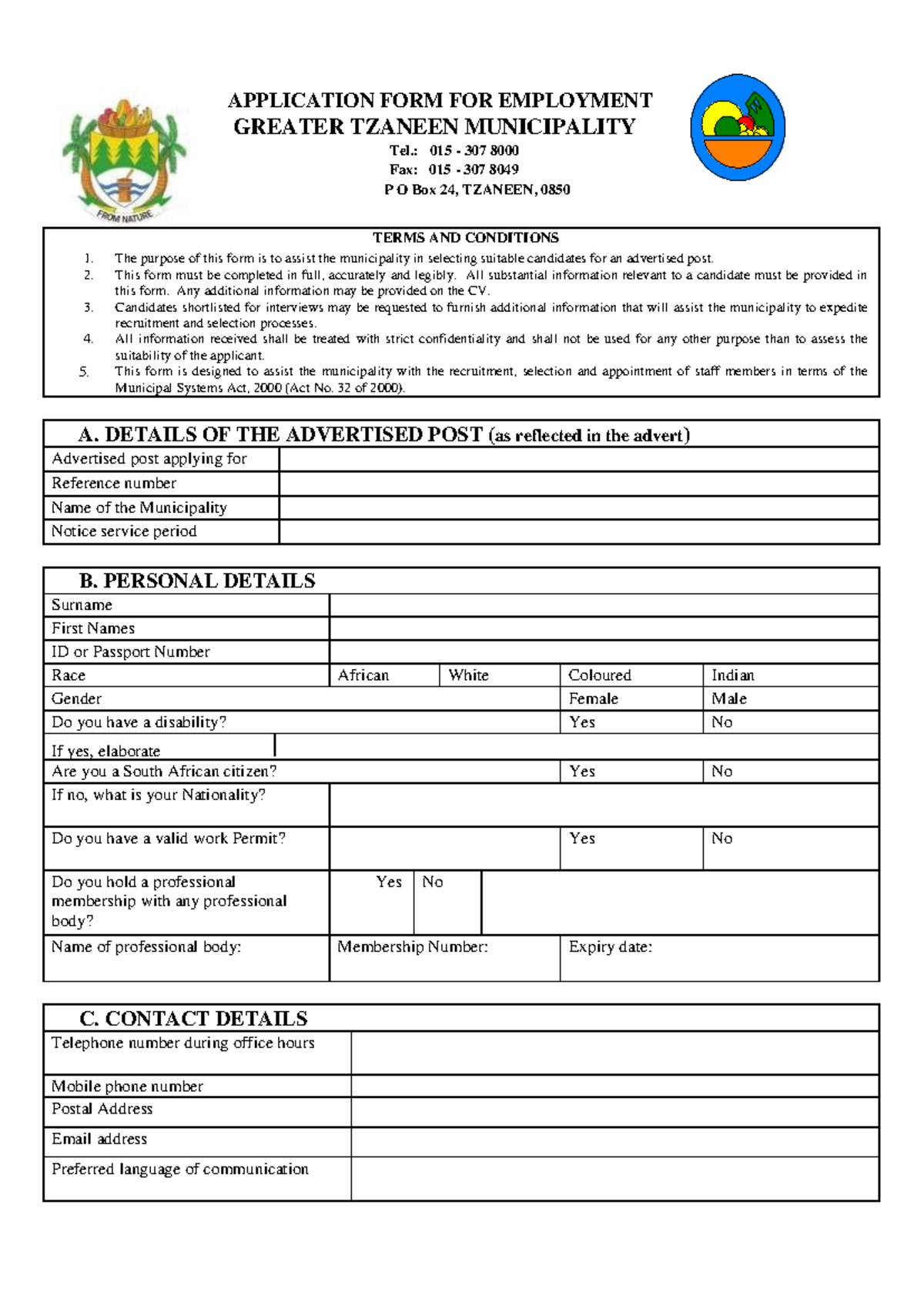 Greater Tzaneen Municipality Employment Application Form 060722 - Studocu