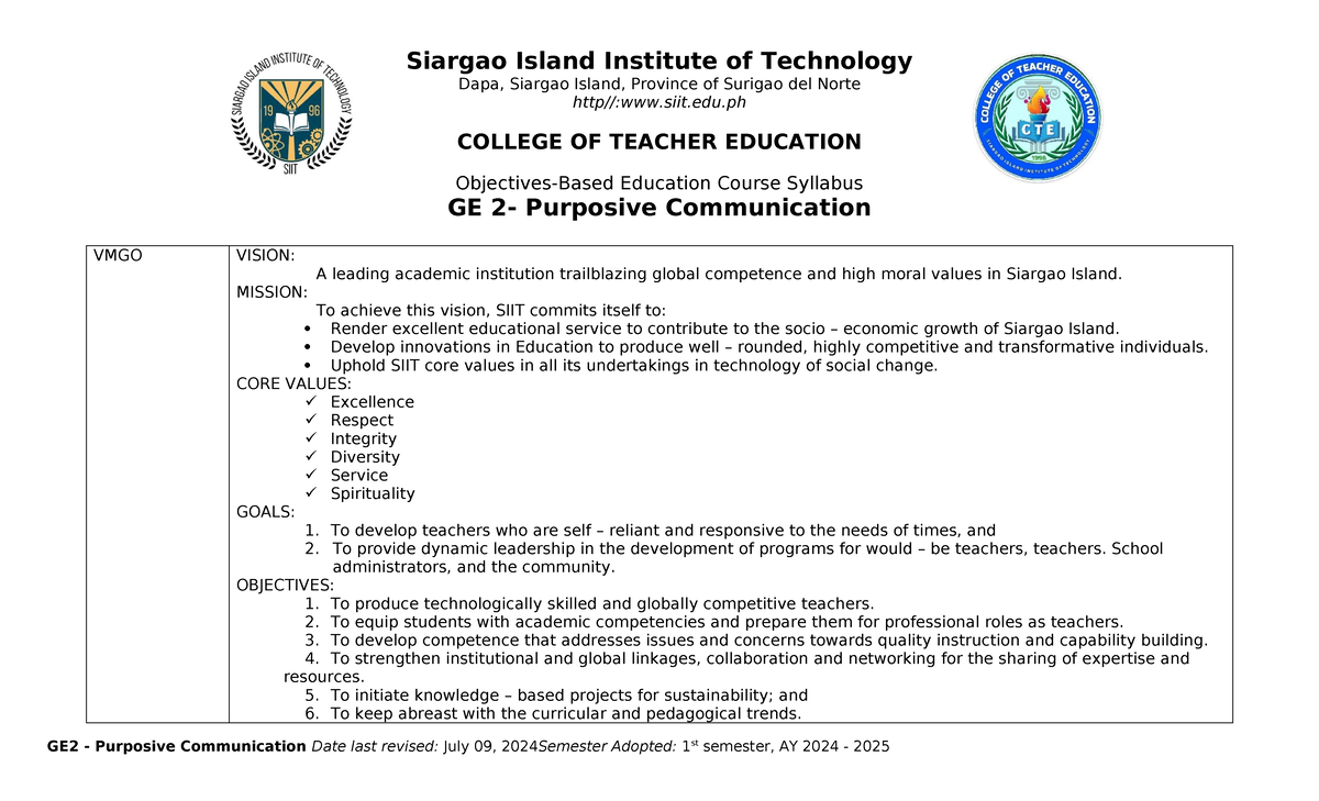 GE2 Purposive Communication - Course Syllabus and Lecture Notes - Studocu