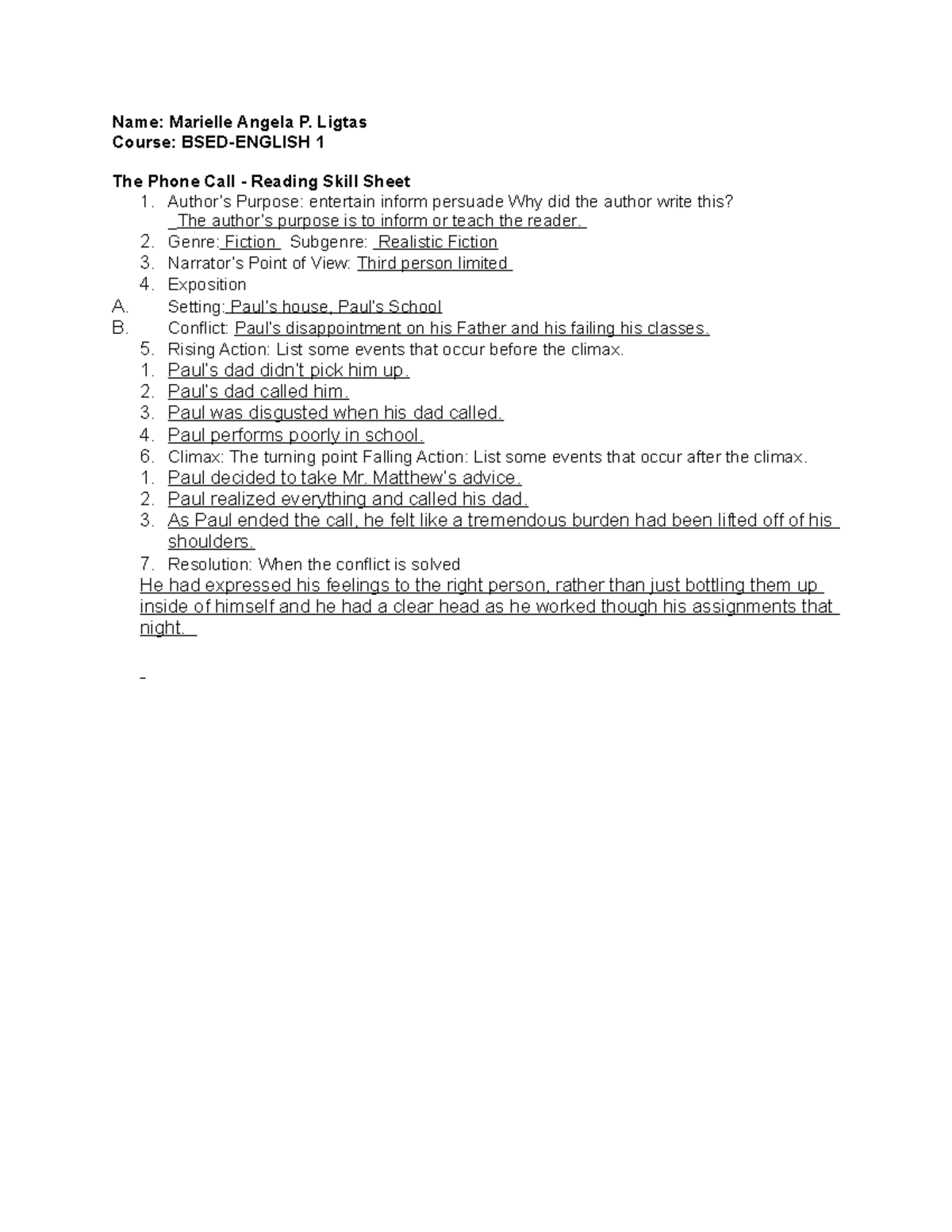 BSED-ENGLISH 1: The Phone Call - Reading Skills Analysis Sheet - Studocu
