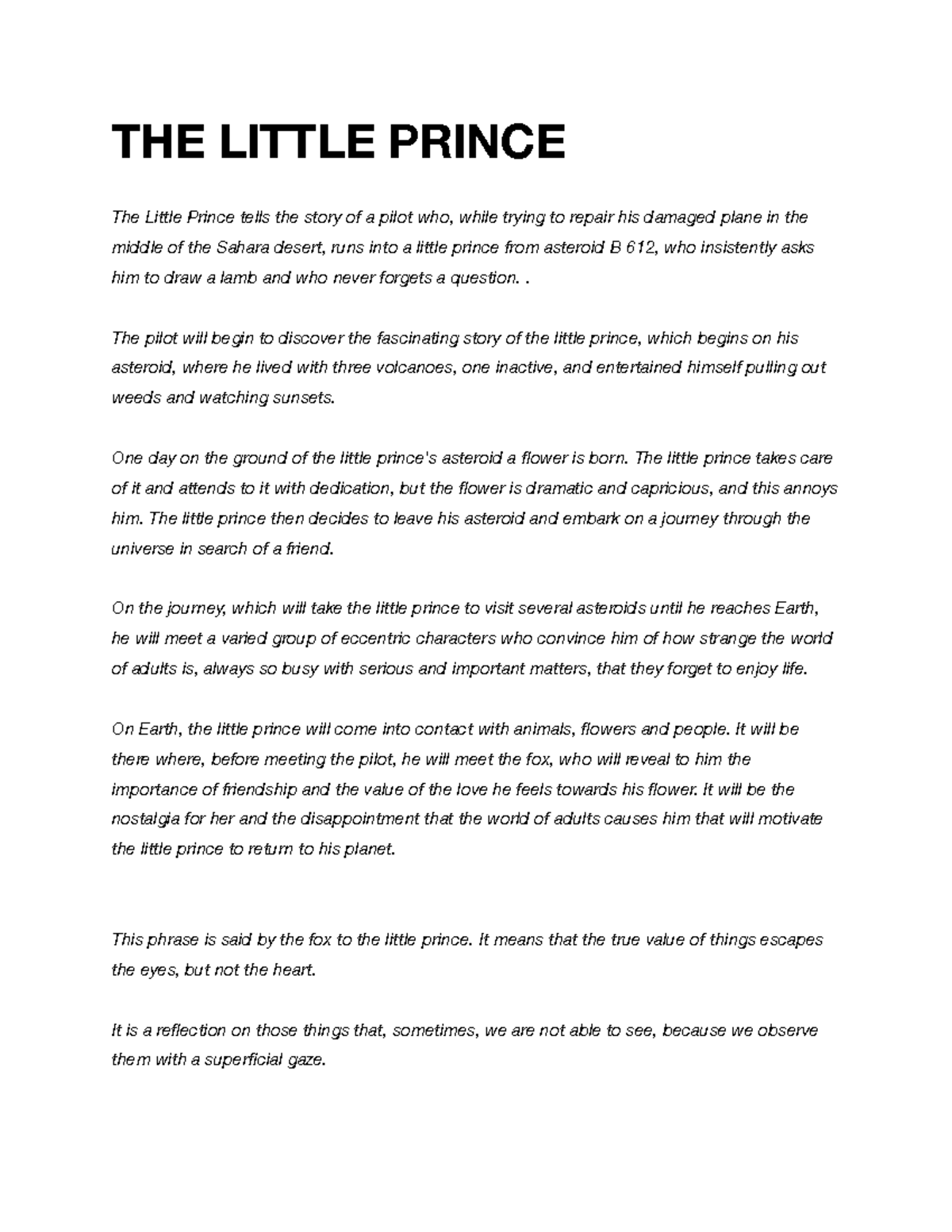 Summary and Analysis of "The Little Prince" - Literature Overview - Studocu