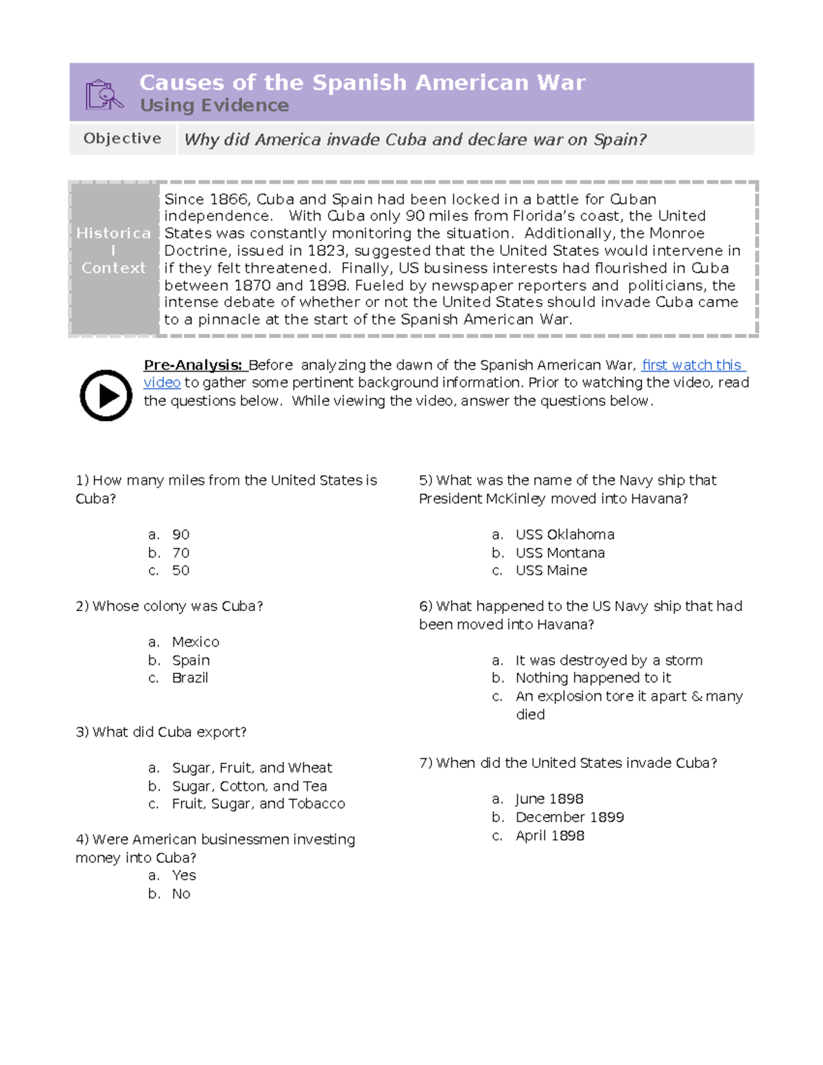 Unit 6: Evidence Analysis on Causes of the Spanish-American War - Studocu