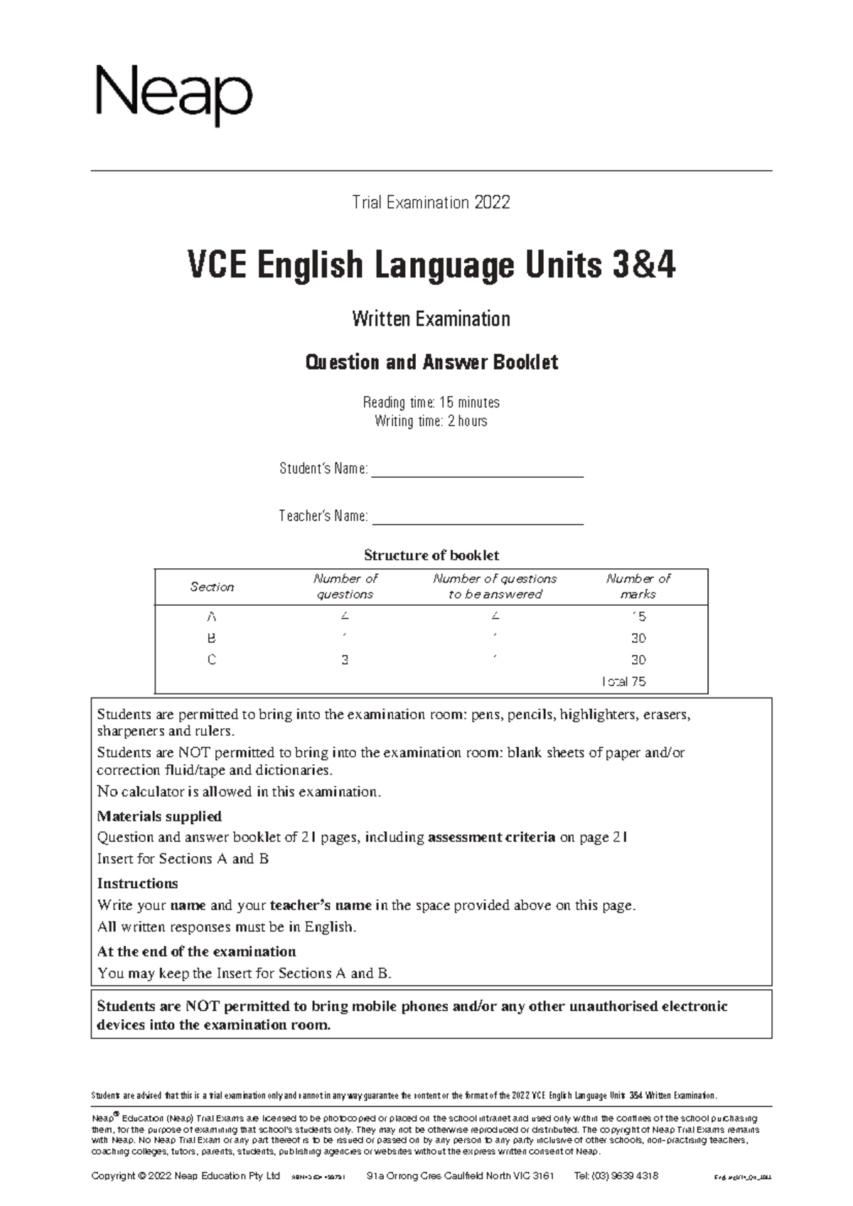 2022 VCE English Language Units 3 & 4 Trial Exam Q&A Booklet - Studocu