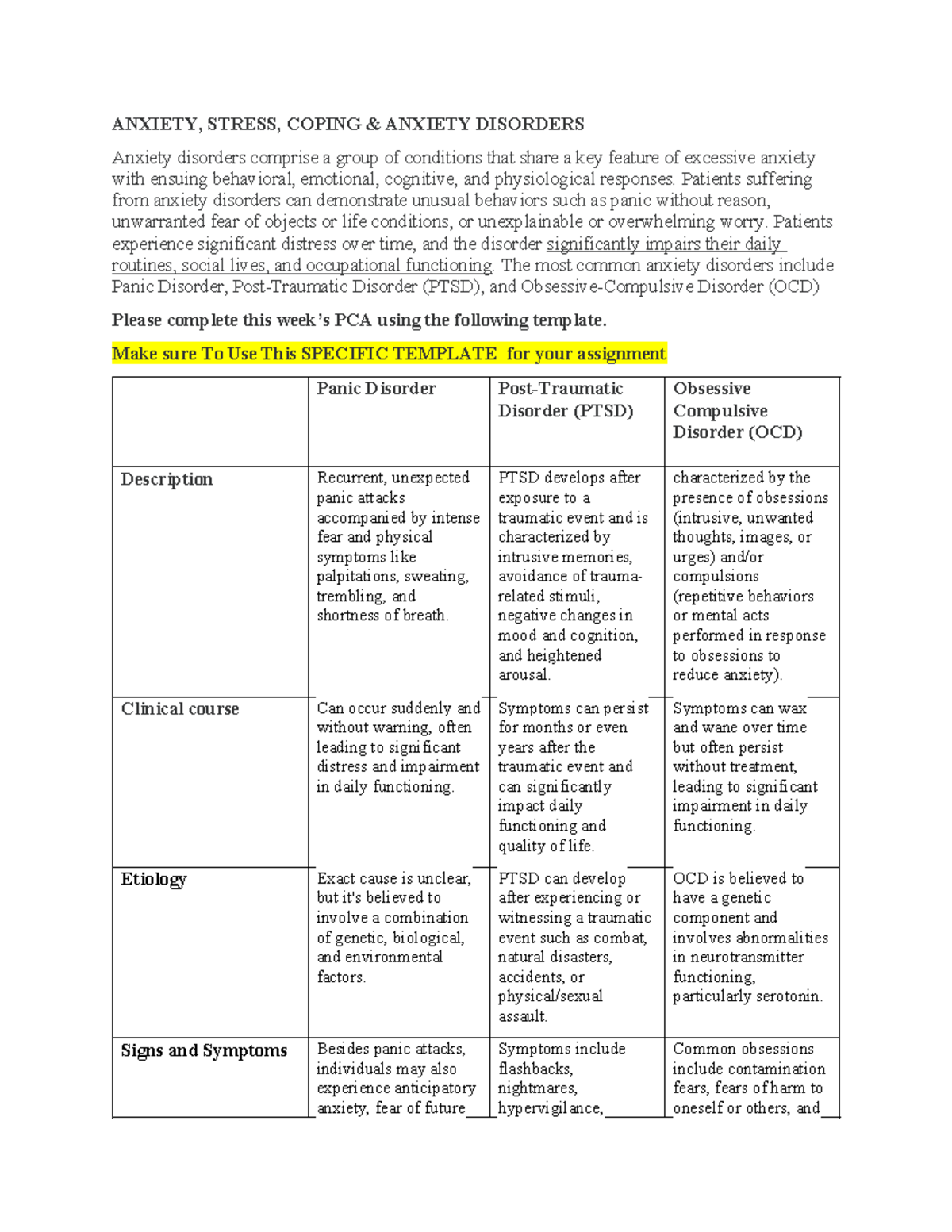 Anxiety Disorders Overview - Mandatory Course Work (ADT) - Studocu