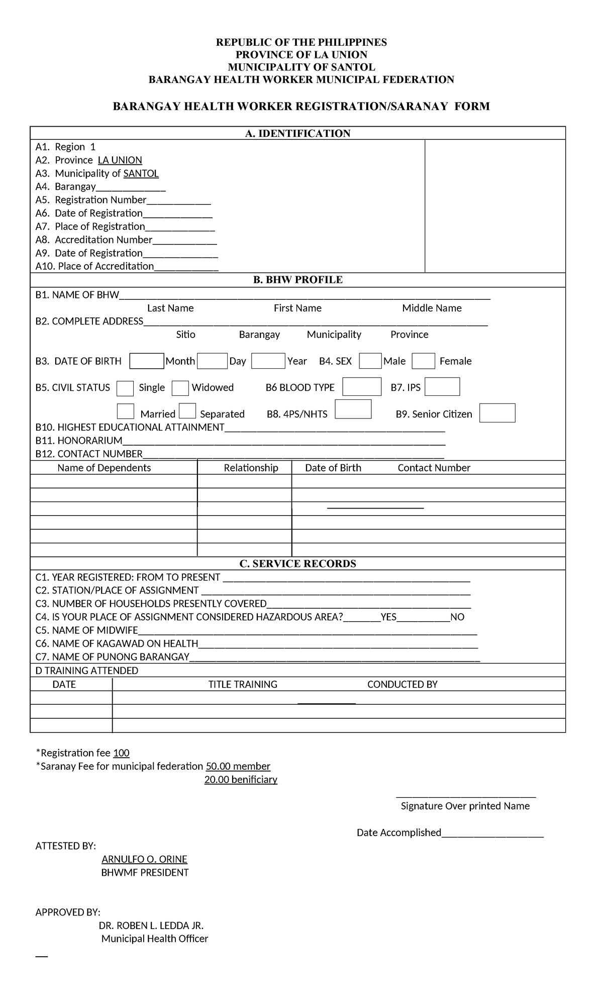 BHW- Barangay Health Worker Registration Form 2 - Studocu