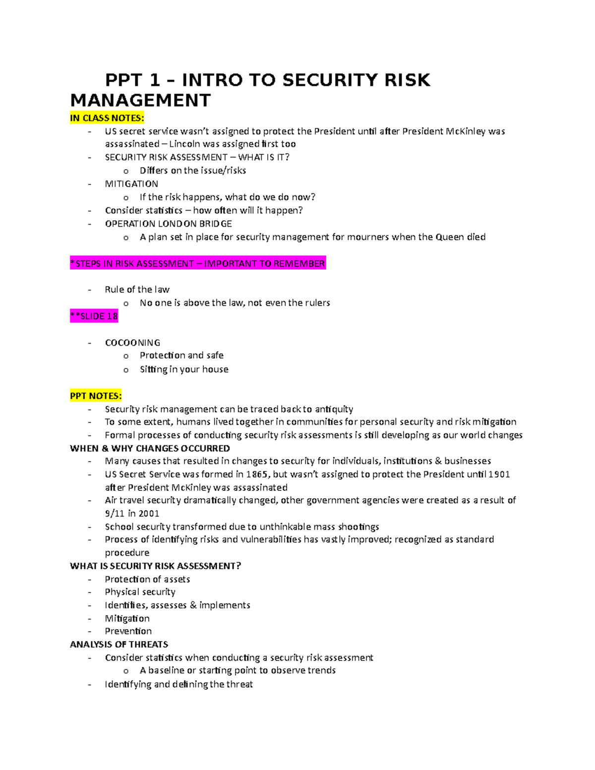 PPT 1 - Intro to Security Risk Management: Key Insights and Notes - Studocu