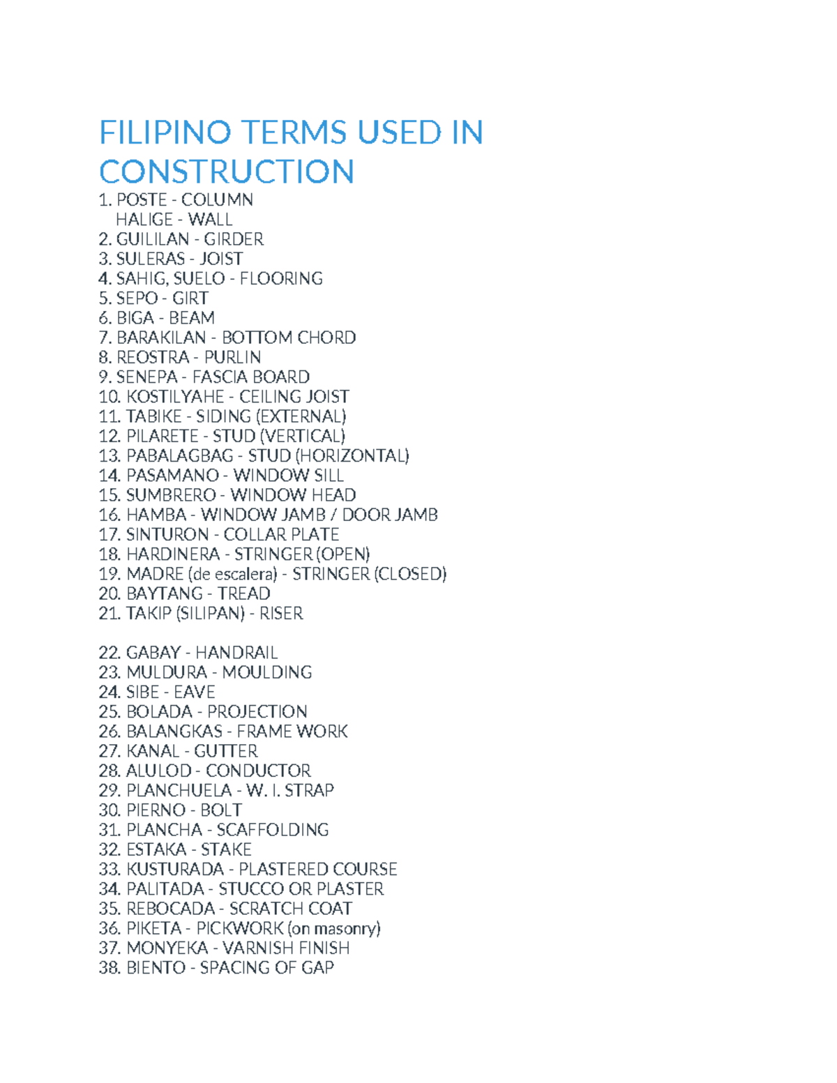 Filipino Construction Terms and Translations for Builders - Studocu