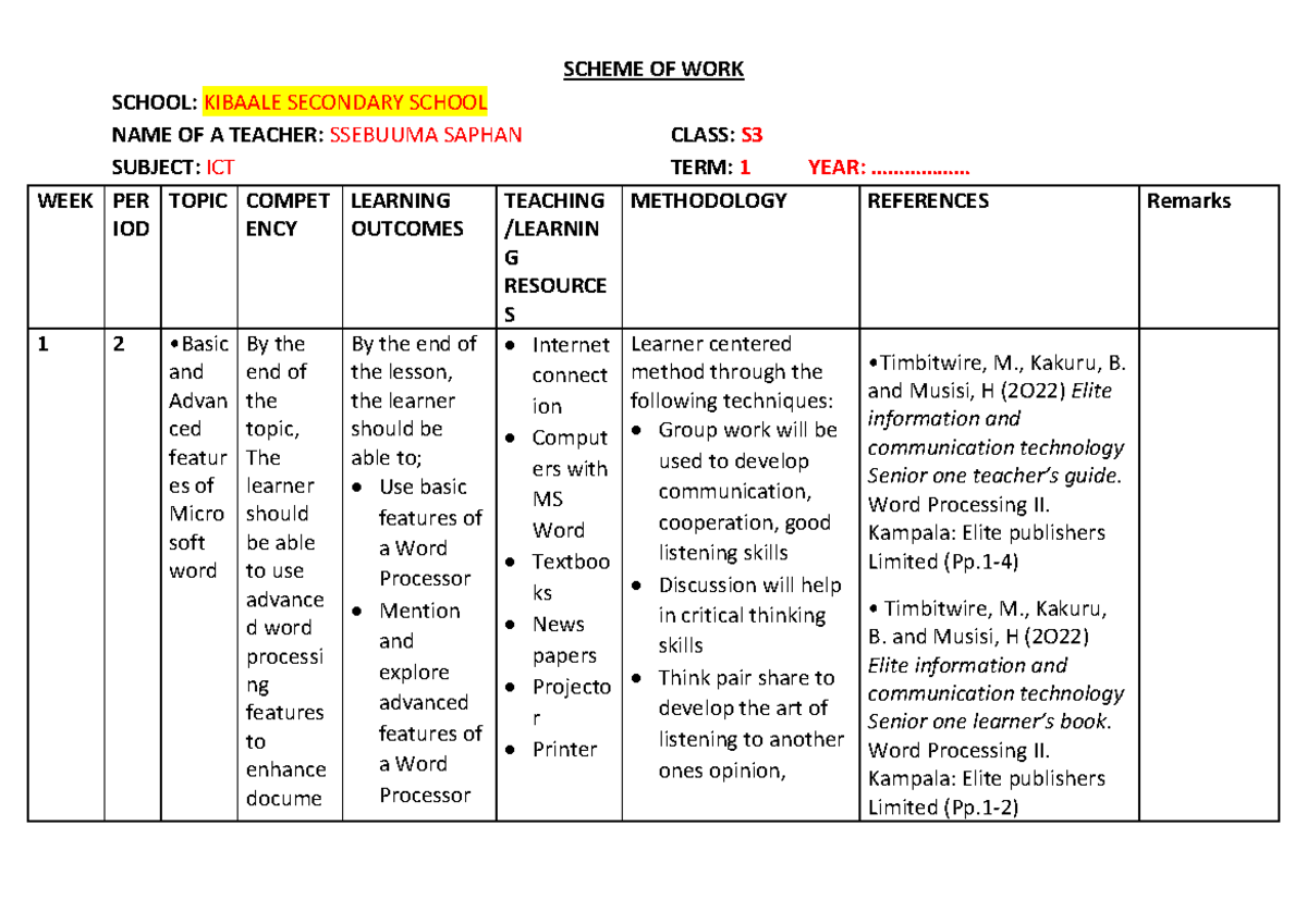 S3 ICT Scheme of Work Term 1 - Kibaale Secondary School - Studocu
