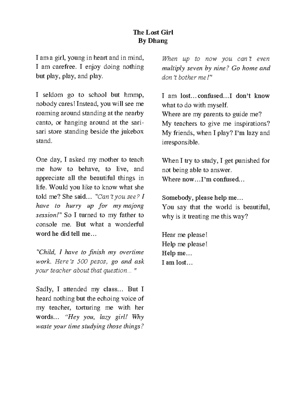 Declamation Piece - The Lost Girl: A Cry for Guidance and Hope - Studocu