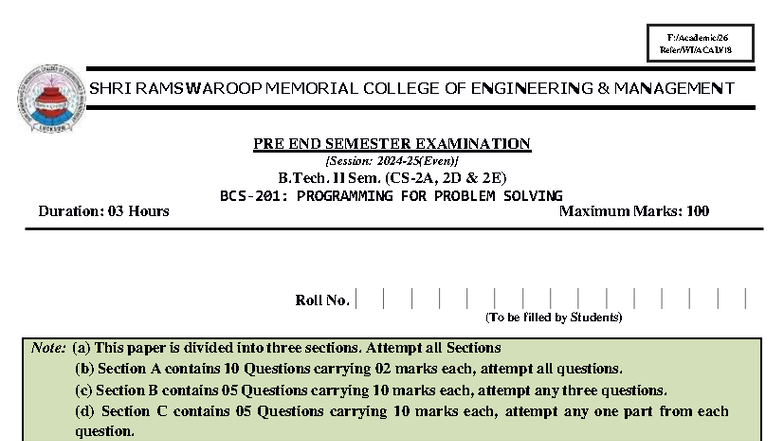 IT BCS-201 PES Pre-End Sem Exam QP: Programming for Problem Solving - Studocu