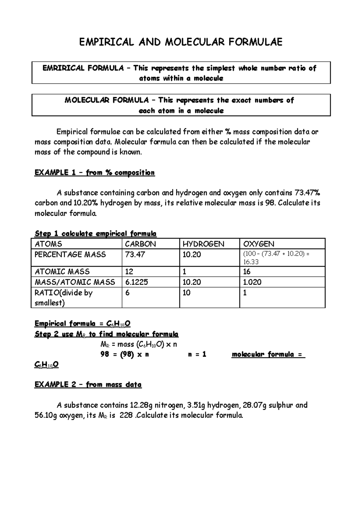Empirical Formulas: Notes and Questions for Chem 101 Study Guide - Studocu