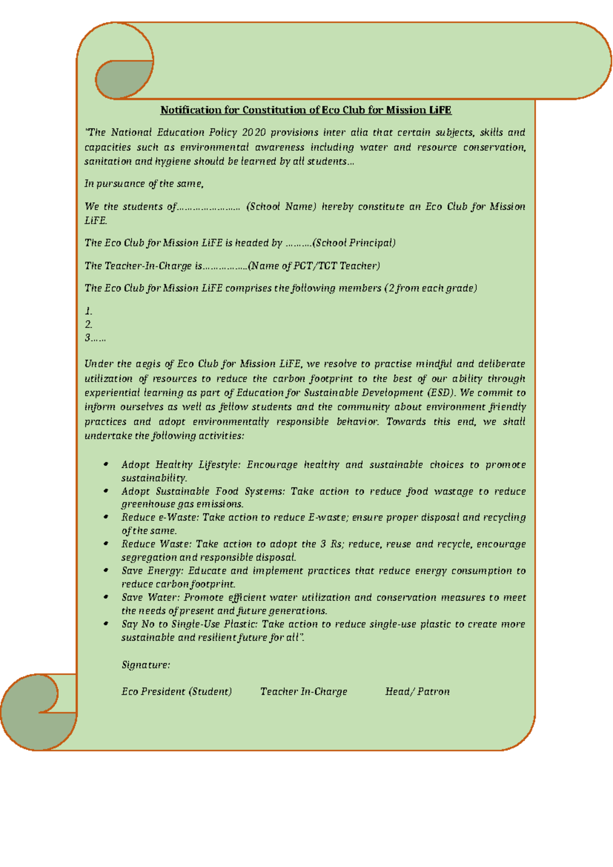 Eco Club Formation Notification for Mission LiFE Initiative - Studocu