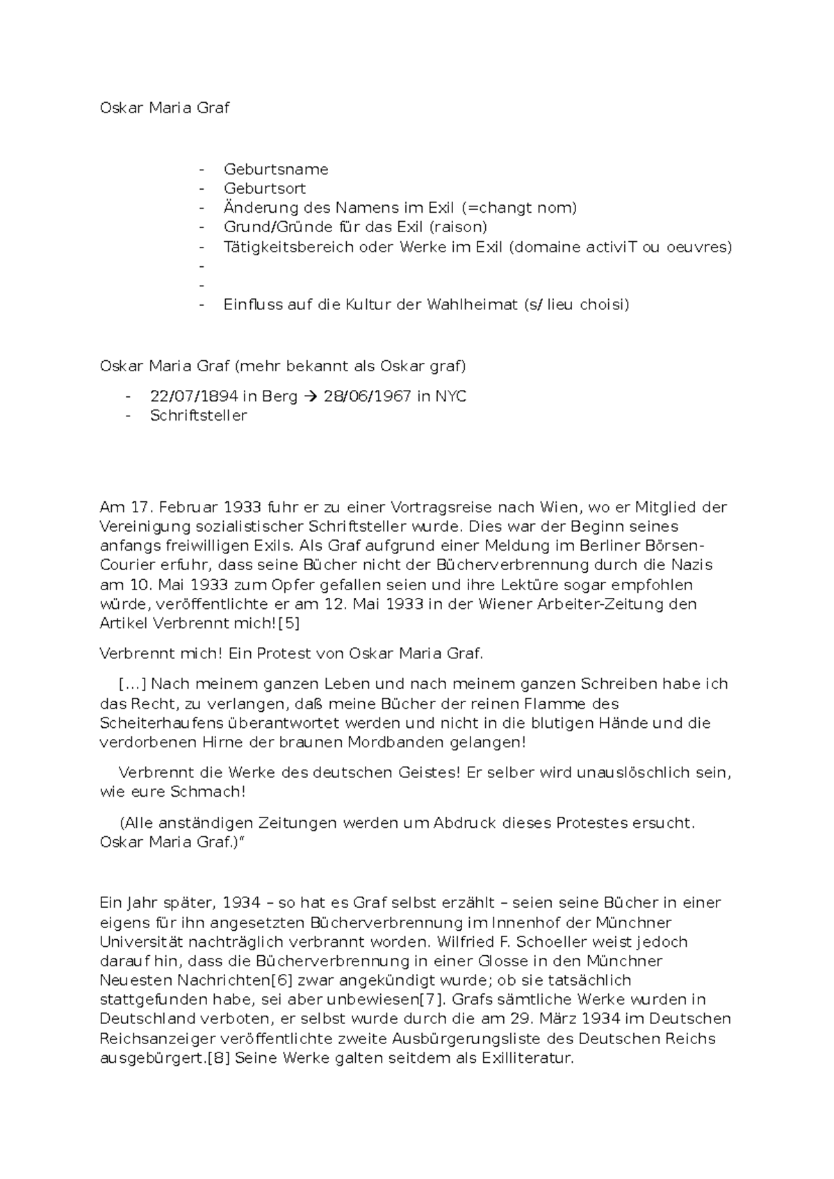 Oskar Maria Graf: Exil, Werke und Einfluss auf die Kultur - Studocu