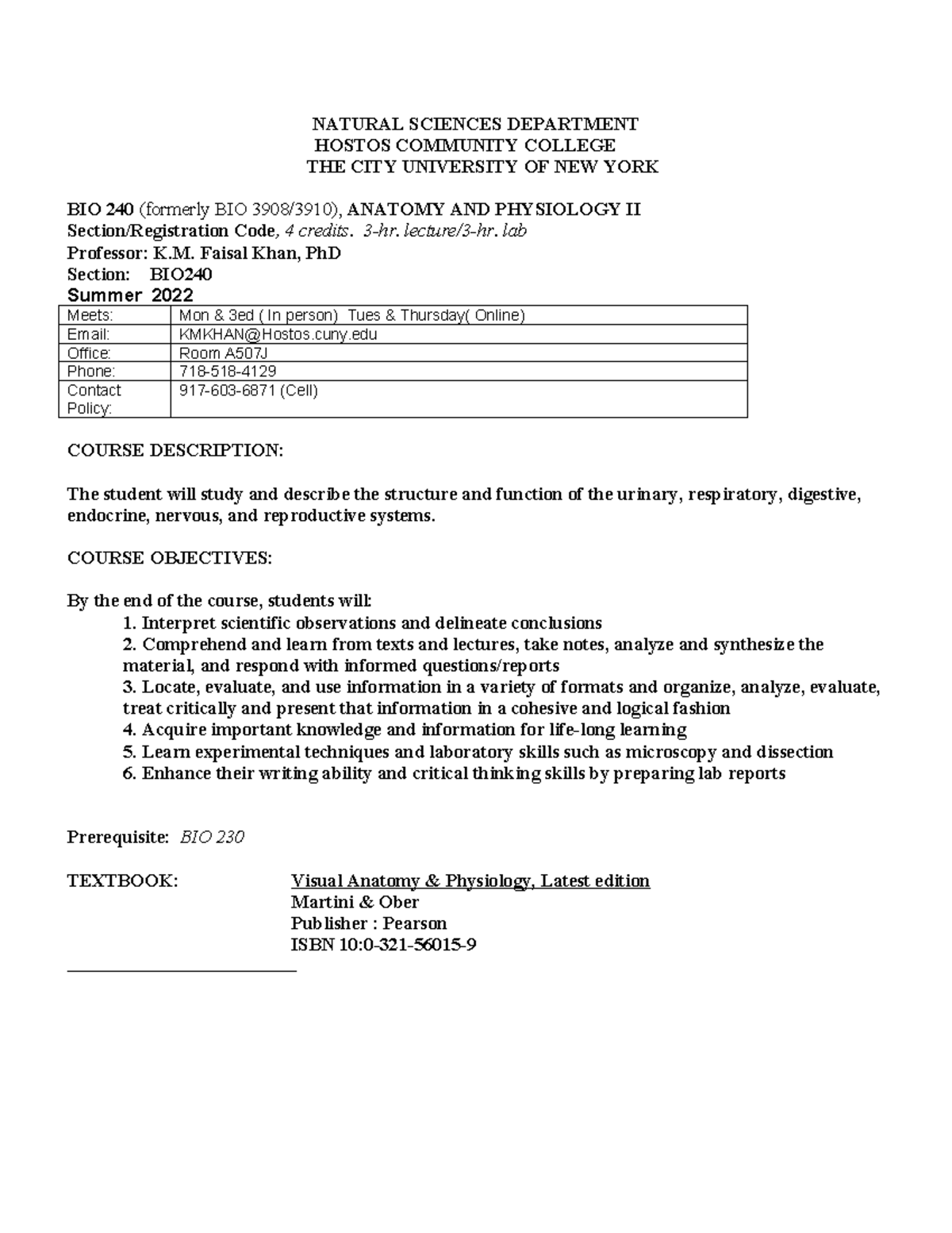 BIO240 summer syllabus '22 - NATURAL SCIENCES DEPARTMENT HOSTOS ...