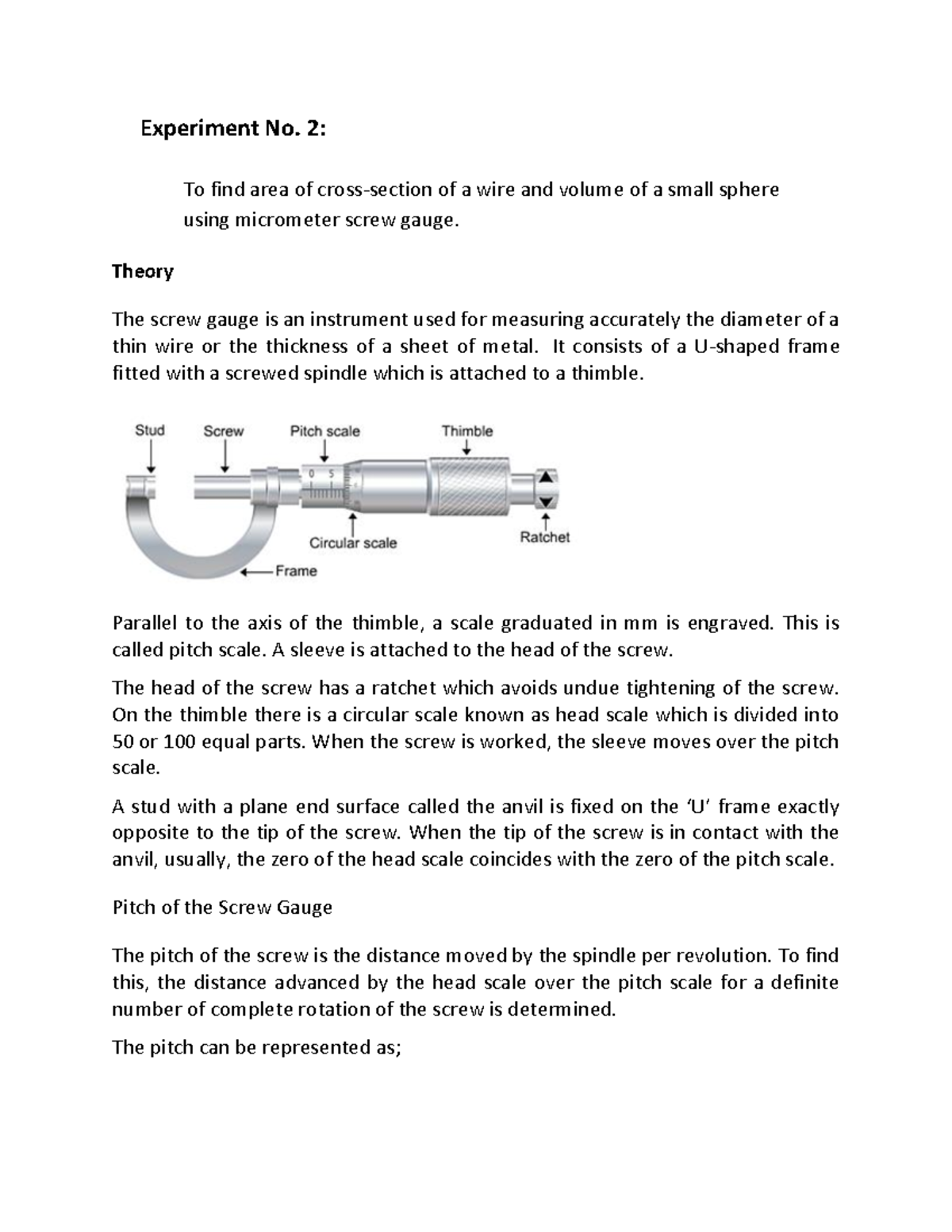 Micrometer Screw Gauge Experiment: Area & Volume Measurements - Studocu