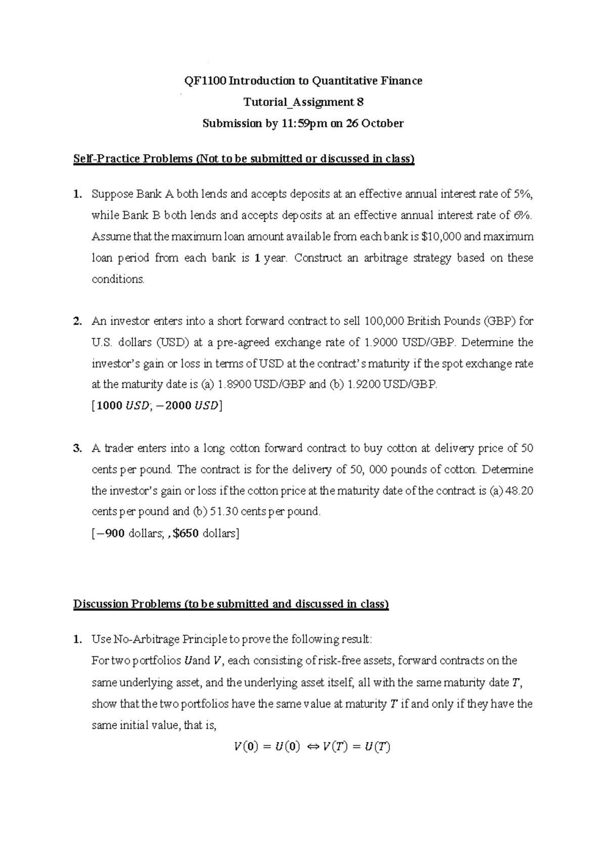 QF1100 Introduction to Quantitative Finance Tutorial Assignment 8 - Studocu