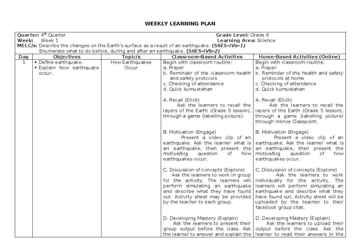Q4-Week1-WLP - Sample Weekly Learning Plan in Science 6 - WEEKLY ...