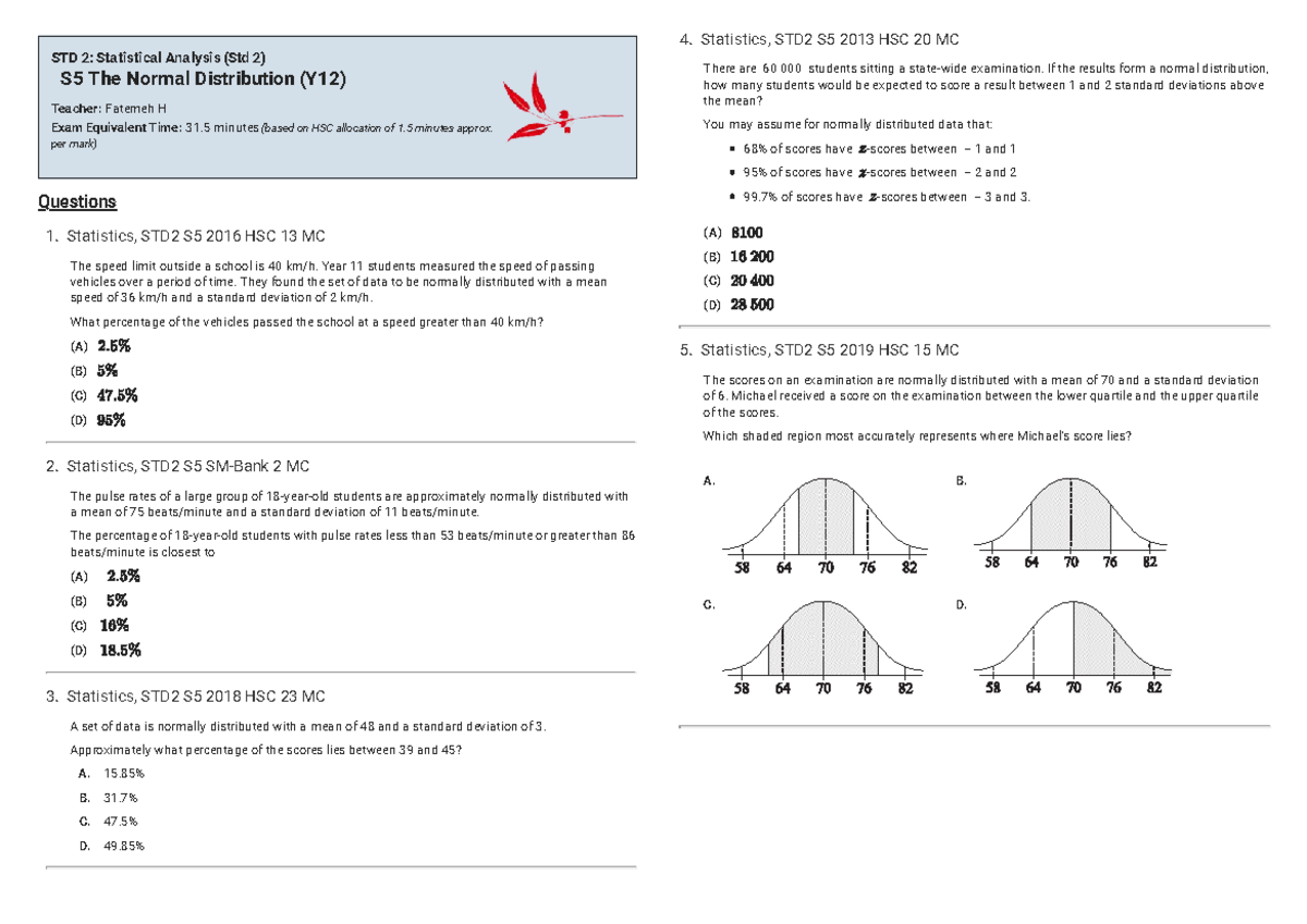 Normal Distributions Past HSC Questions - STD2 S5 Exam Prep - Studocu