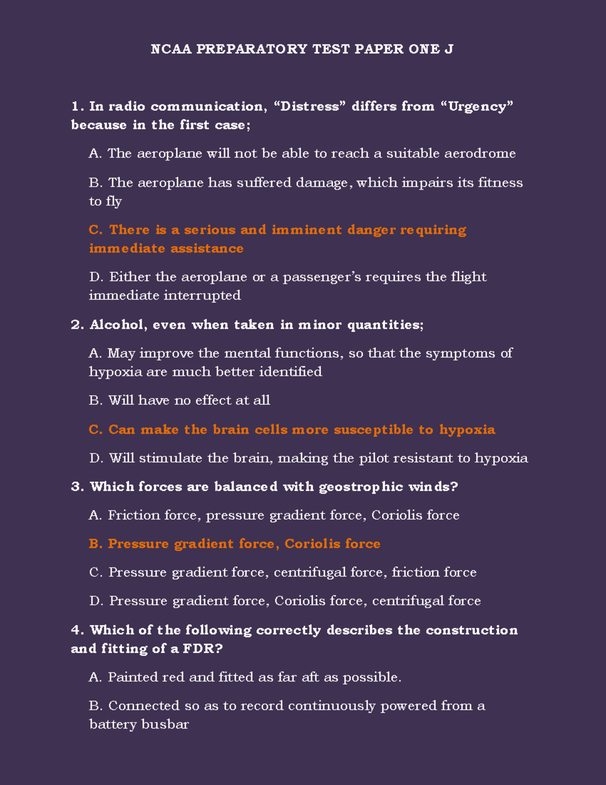 NCAA PREPARATORY TEST PAPER ONE J - Flight Operations & Safety - Studocu